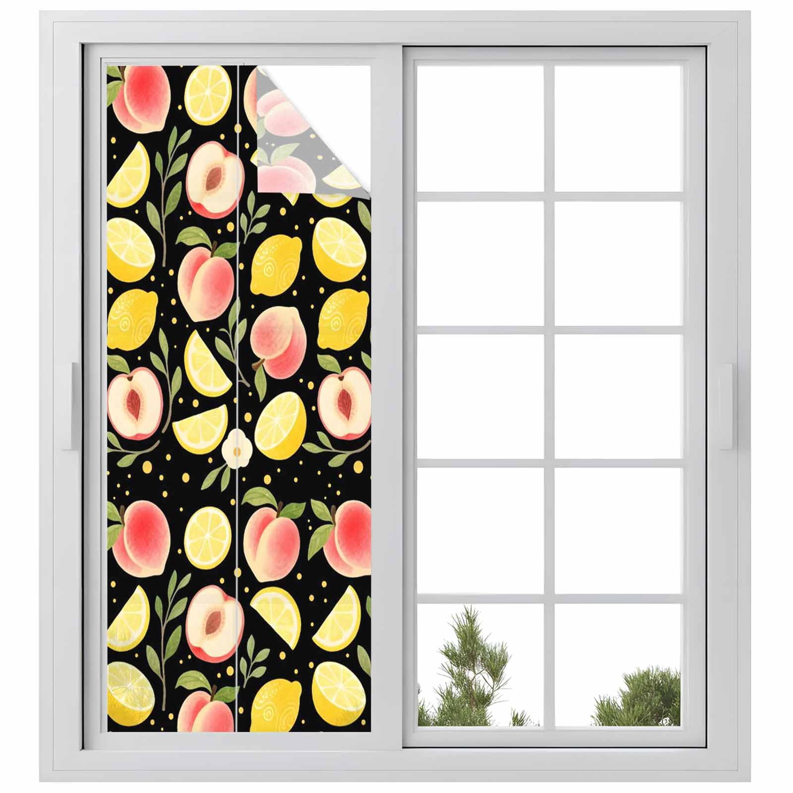 Fruit Leaves Window Privacy Film, Pink Peaches Yellow Lemons Black ...