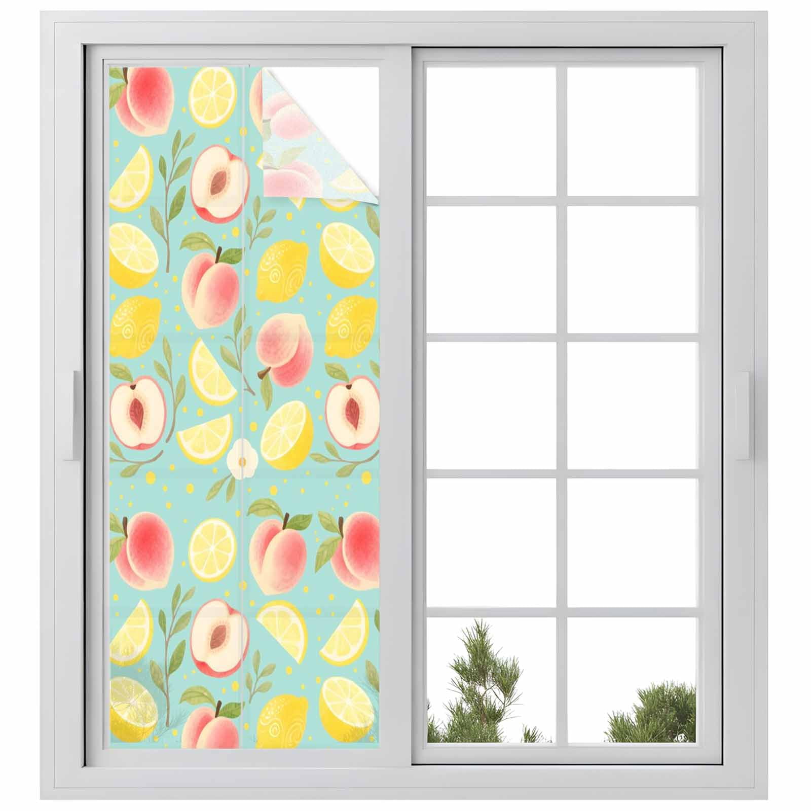 Fruit Leaves Window Privacy Film, Pink Peaches Yellow Lemons Blue ...