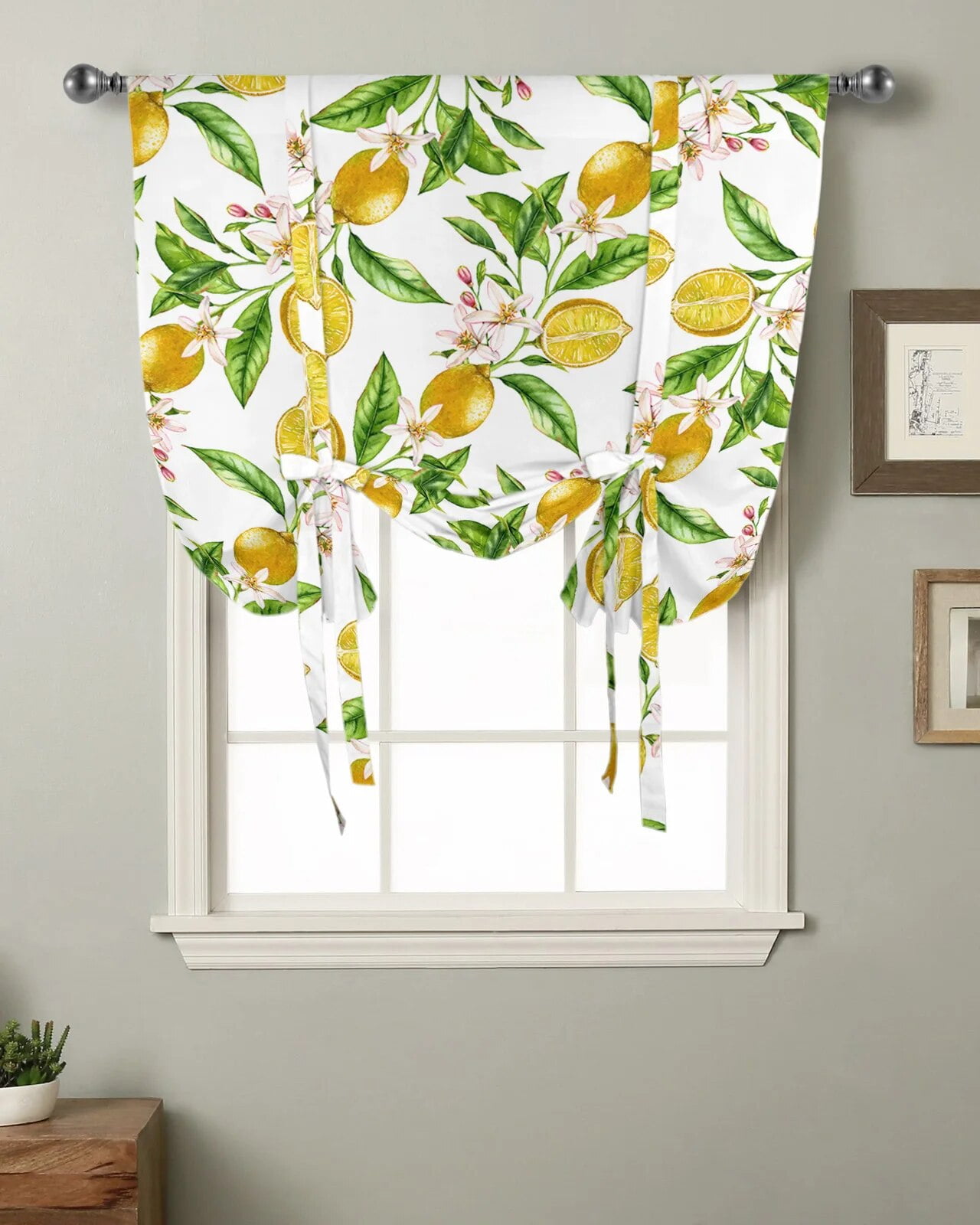 Fruit Lemon Flower Watercolor Art Kitchen Short Window Curtain Rod ...