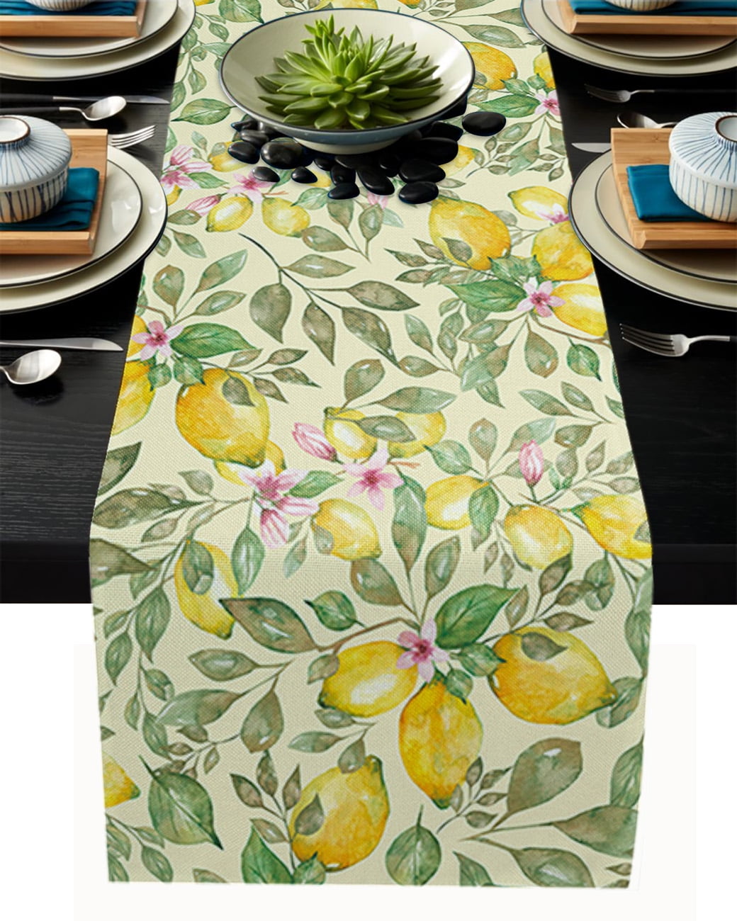 Fruit Lemon Yellow White Linen Table Runner Kitchen Table ration ...