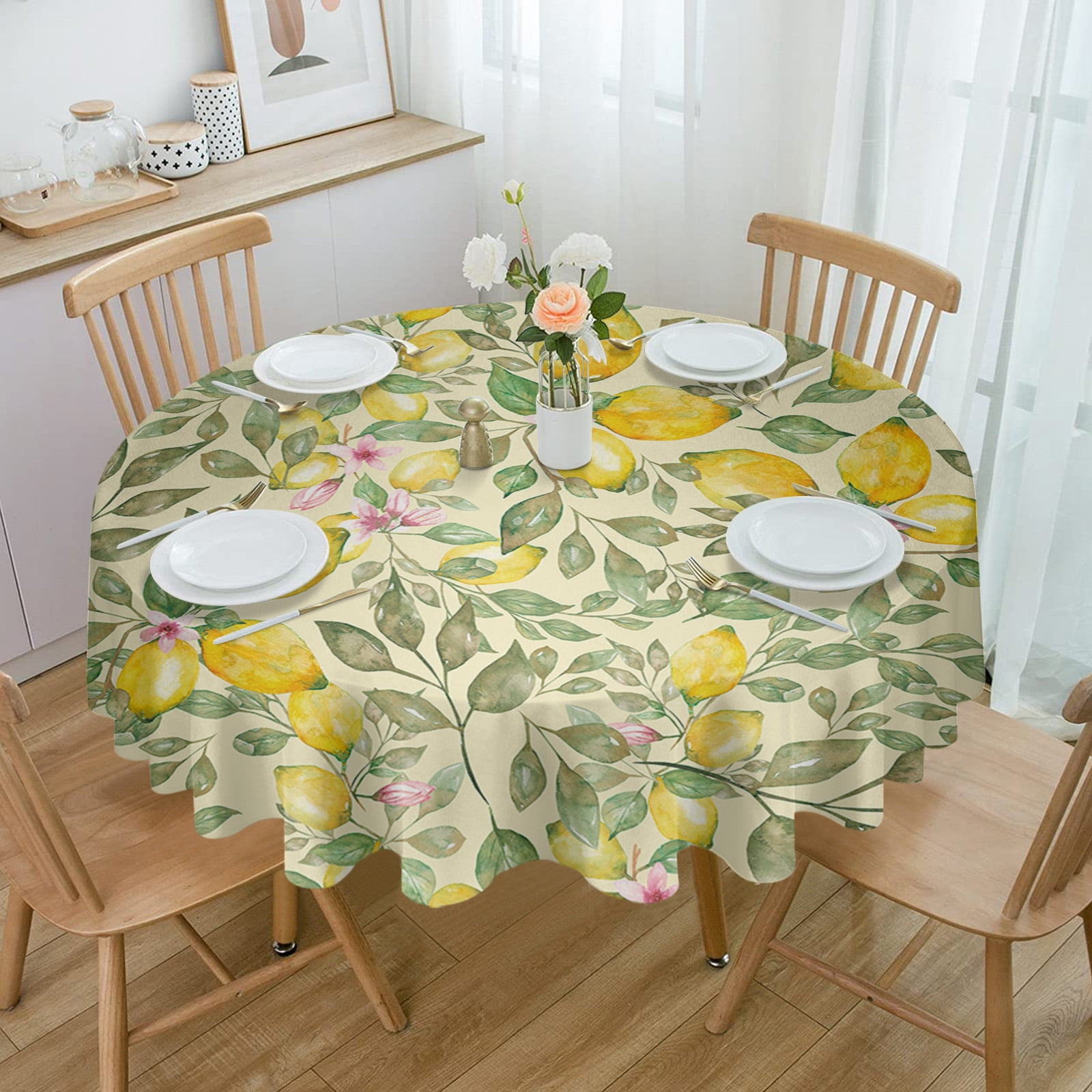 Fruit Lemon Yellow White Round Tablecloths for Dining Table Waterproof ...