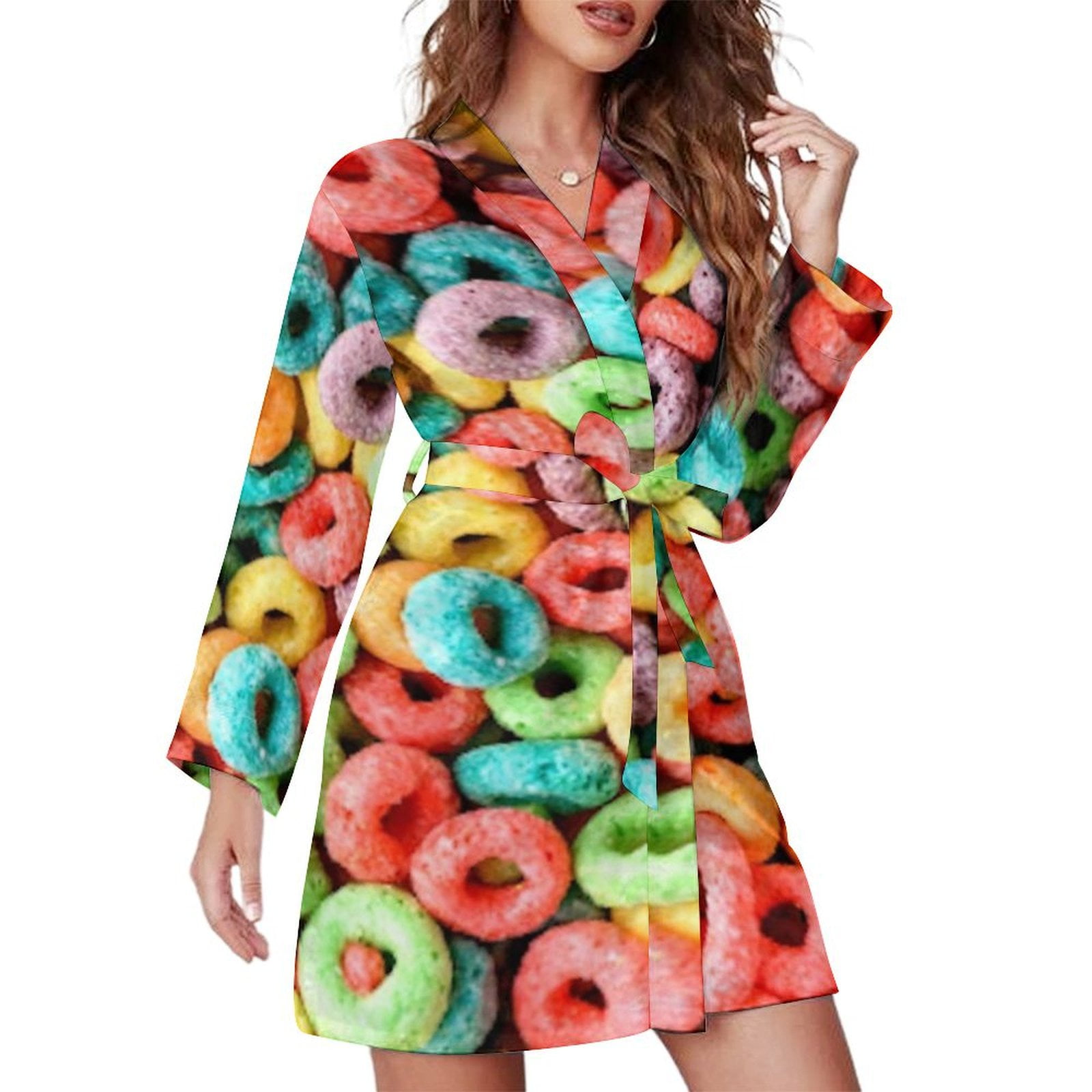 Fruit Loops Night Robe Long Sleeve V Neck Robe With Belt Women's ...