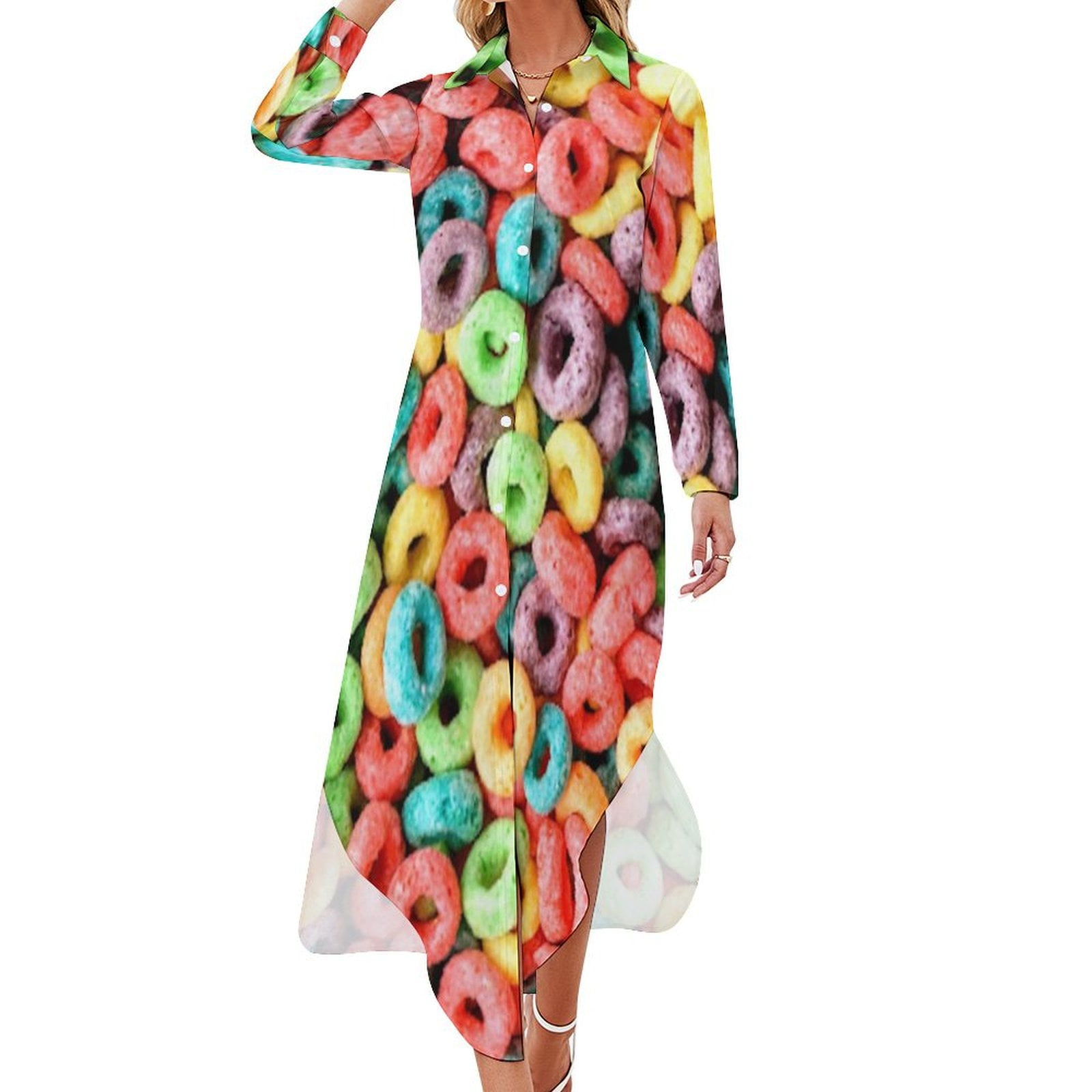 Fruit Loops Shirt Dress Long Sleeve Street Fashion V Neck Oversized ...