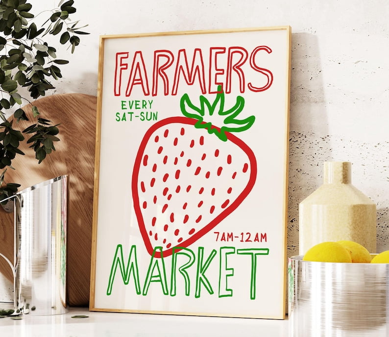 Fruit Market Strawberry Poster, Modern Cottagecore Kitchen Wall Art ...