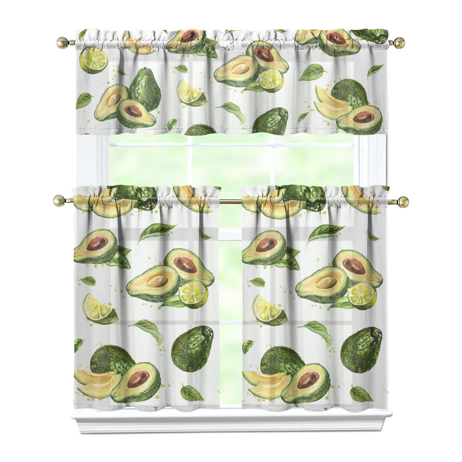 Fruit Pattern Avocado Kitchen Curtains Set, Green Aesthetic Tier and ...