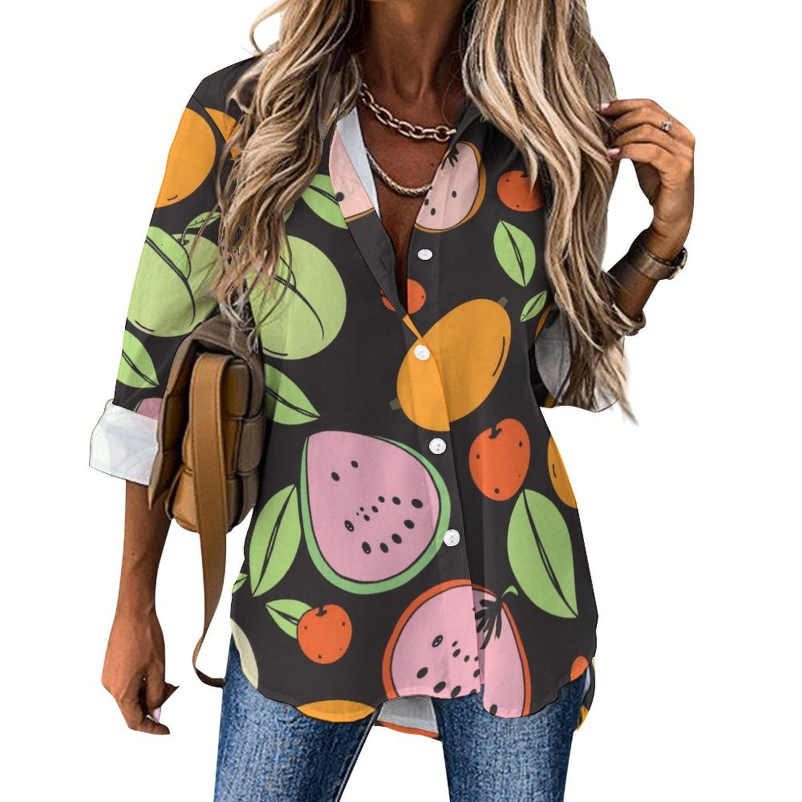 Fruit Pattern Design Loose Blouse Oversized Blouses Women Long Sleeve ...