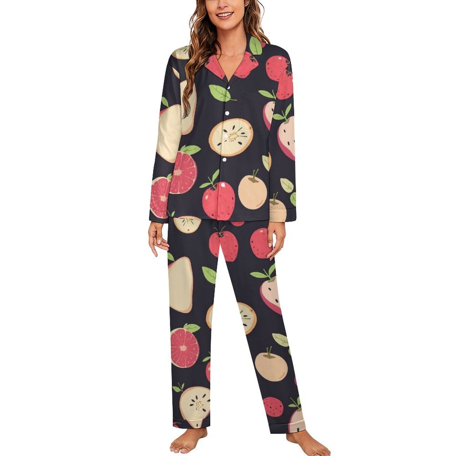Fruit Pattern Design Pajamas Long-Sleeve Two Piece Pajamas Set Women V ...
