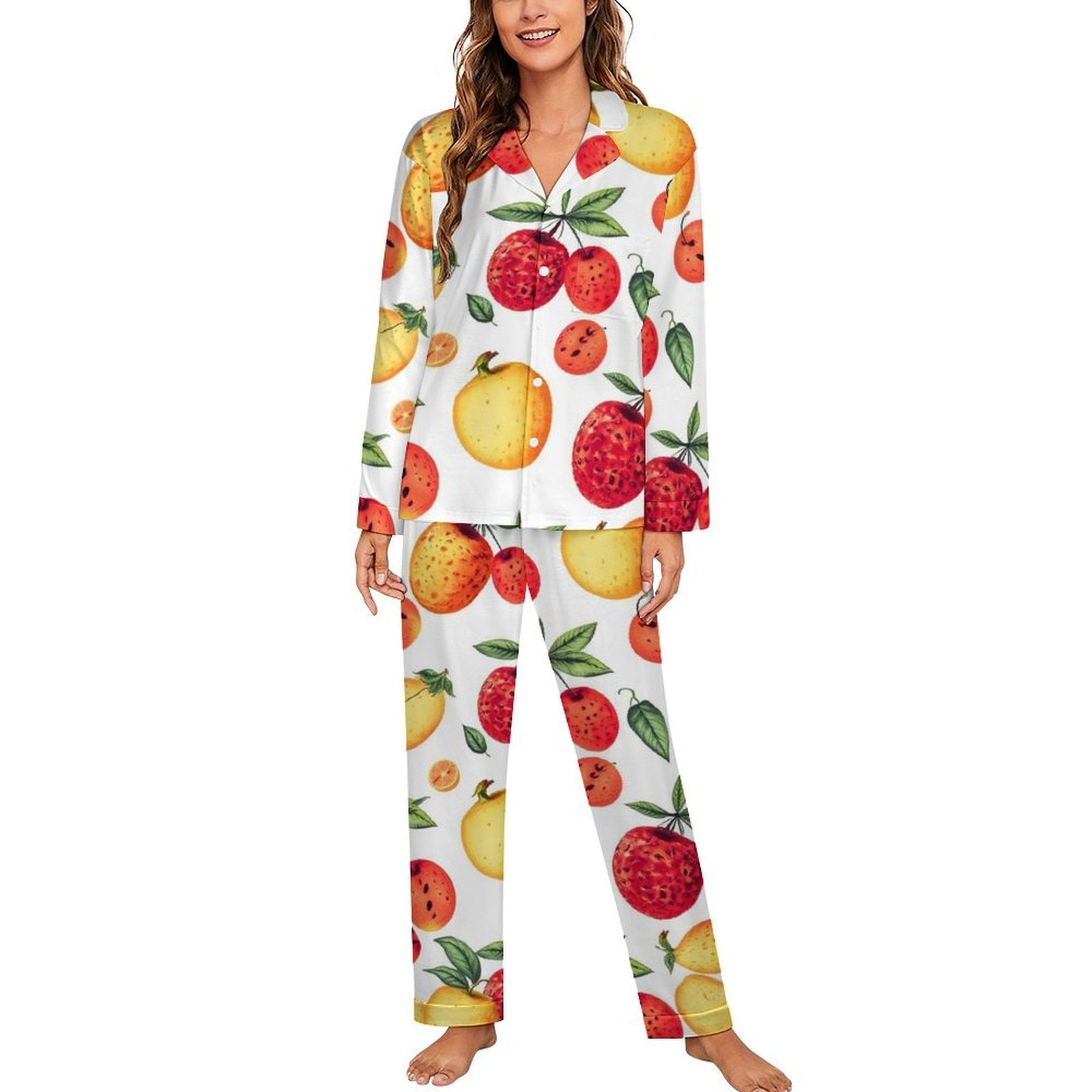 Fruit Pattern Design Pajamas Night V Neck Nightwear Lady Two Piece Long ...