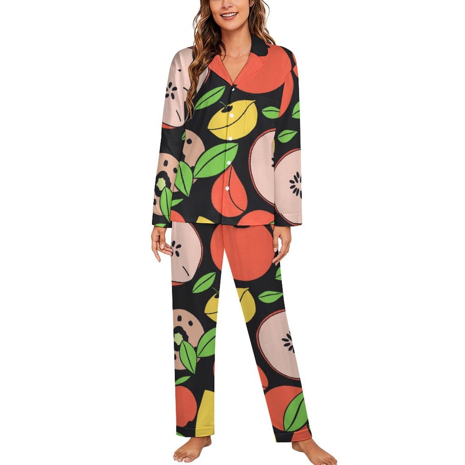 Fruit Pattern Design Pajamas Night V Neck Nightwear Lady Two Piece Long ...