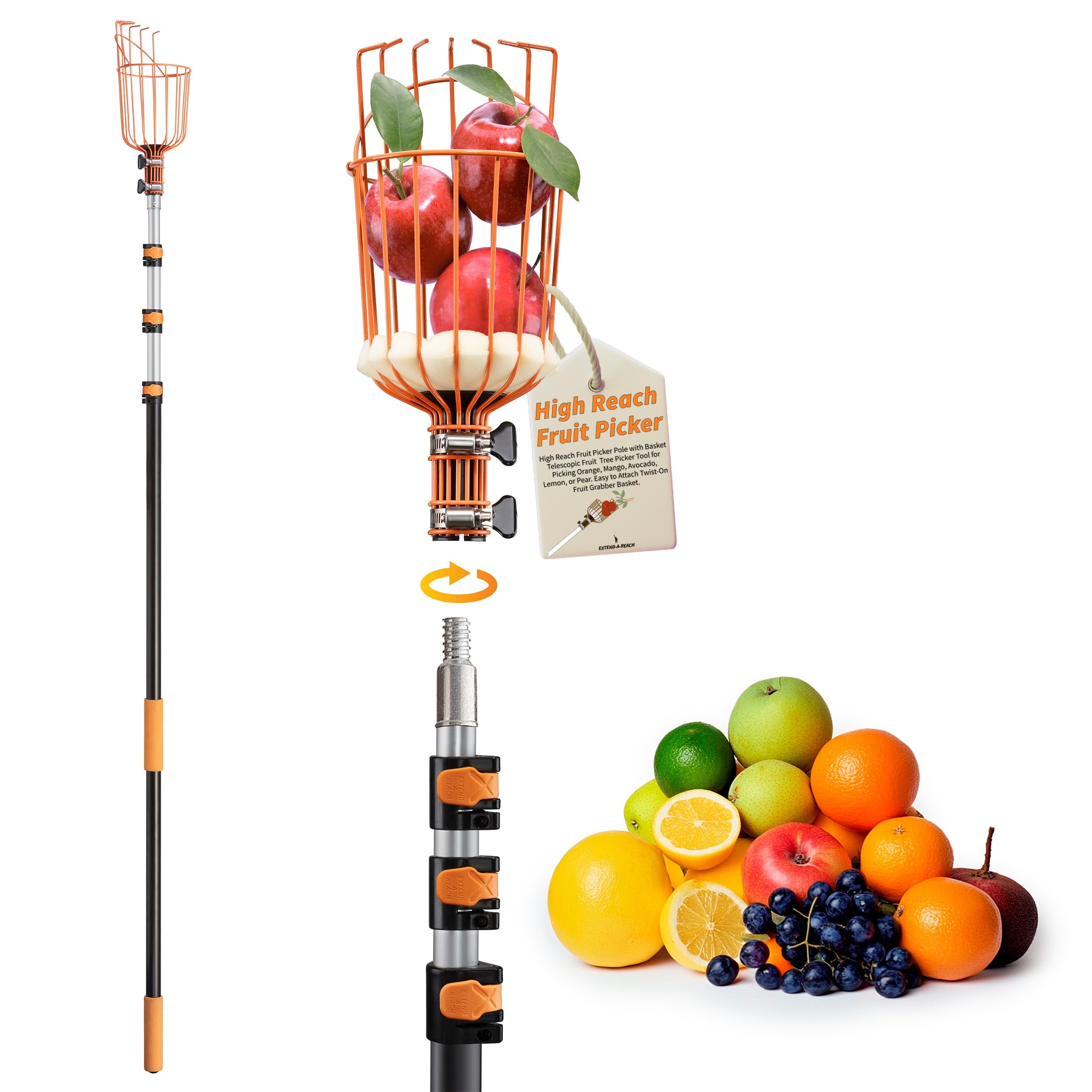 Fruit Picker Pole with Basket Telescoping 4-12 ft Picker Extension Pole ...
