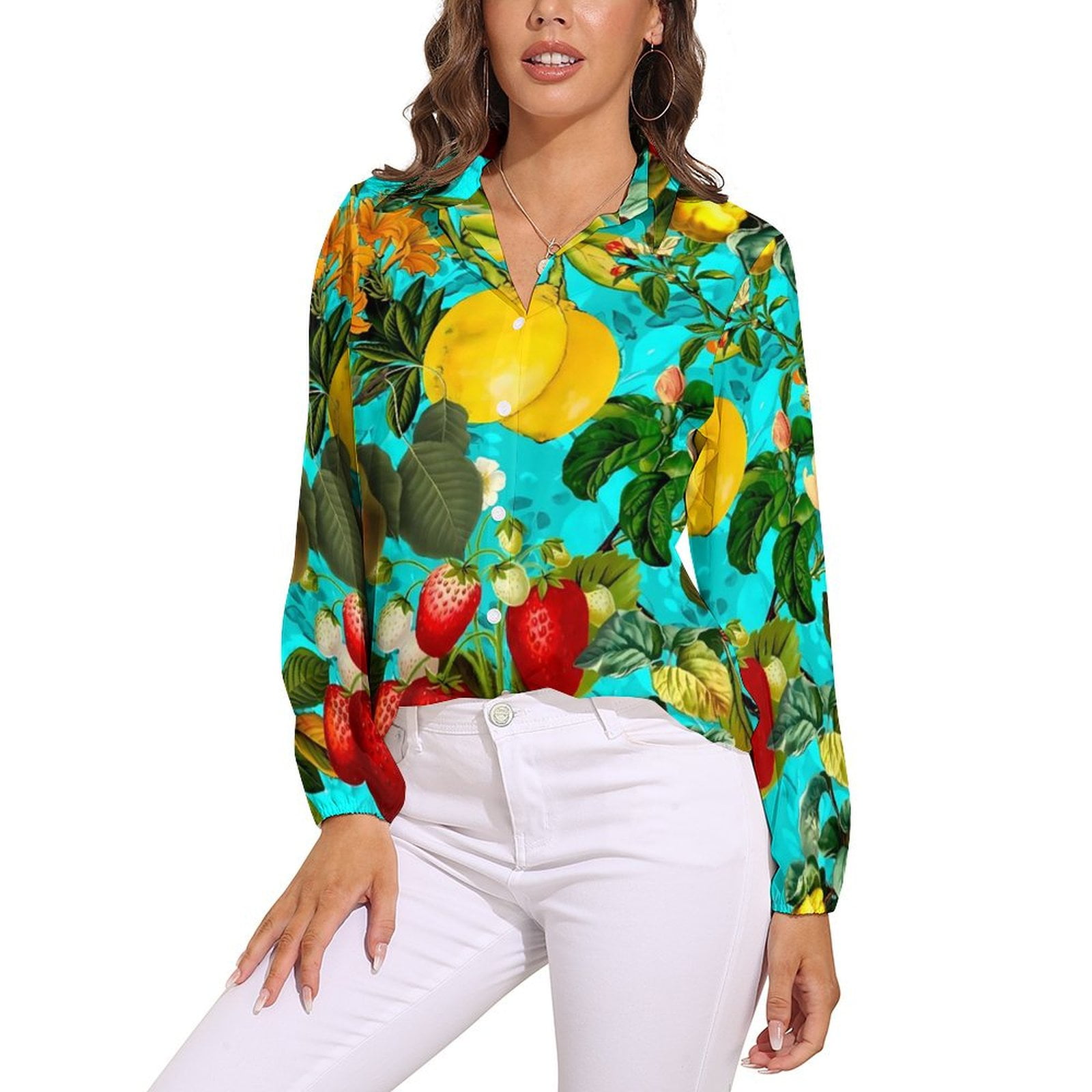 Fruit Print Loose Blouse Pineapple And Grapes Fashion Oversized Blouses ...