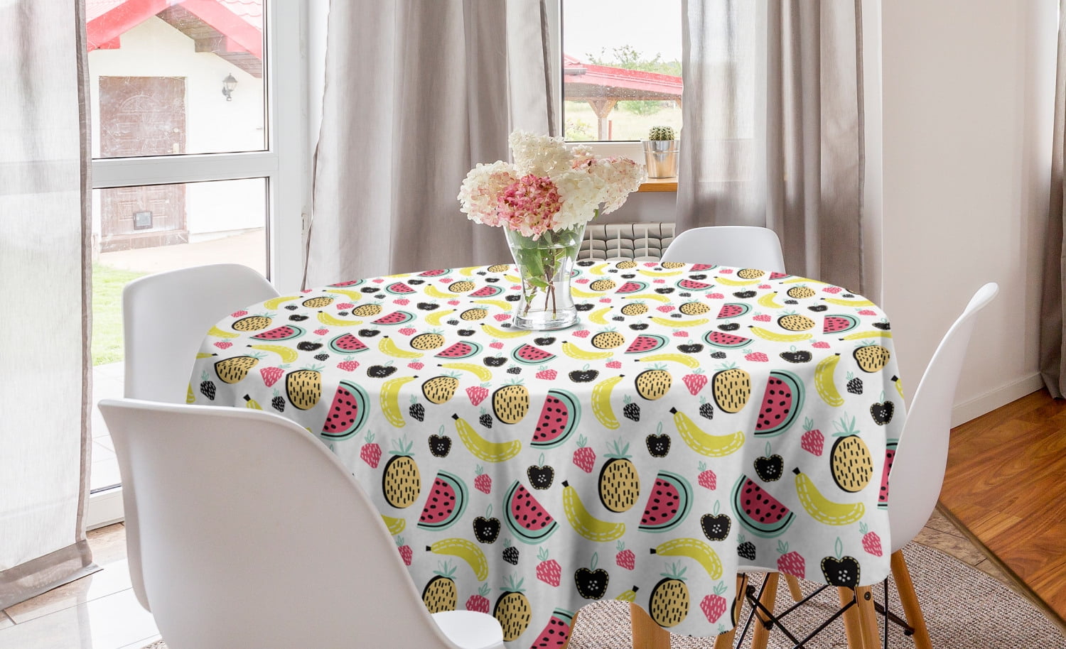 Fruit Round Tablecloth, Doodle Watermelon Banana Pineapple Fruits ...
