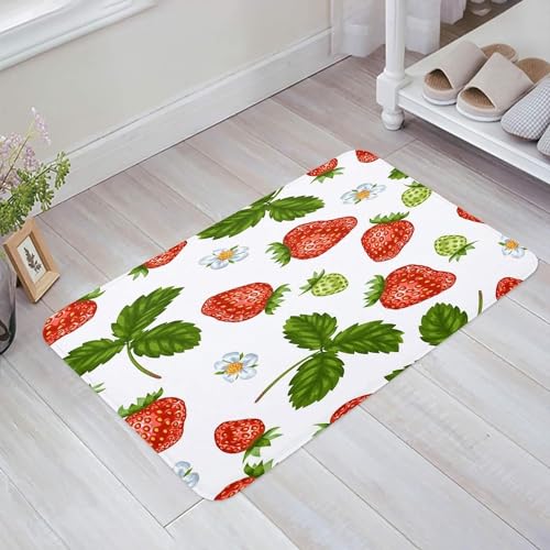 Fruit Rug Non Slip Bath Mat, Strawberry Red Green Leaves Blooming ...
