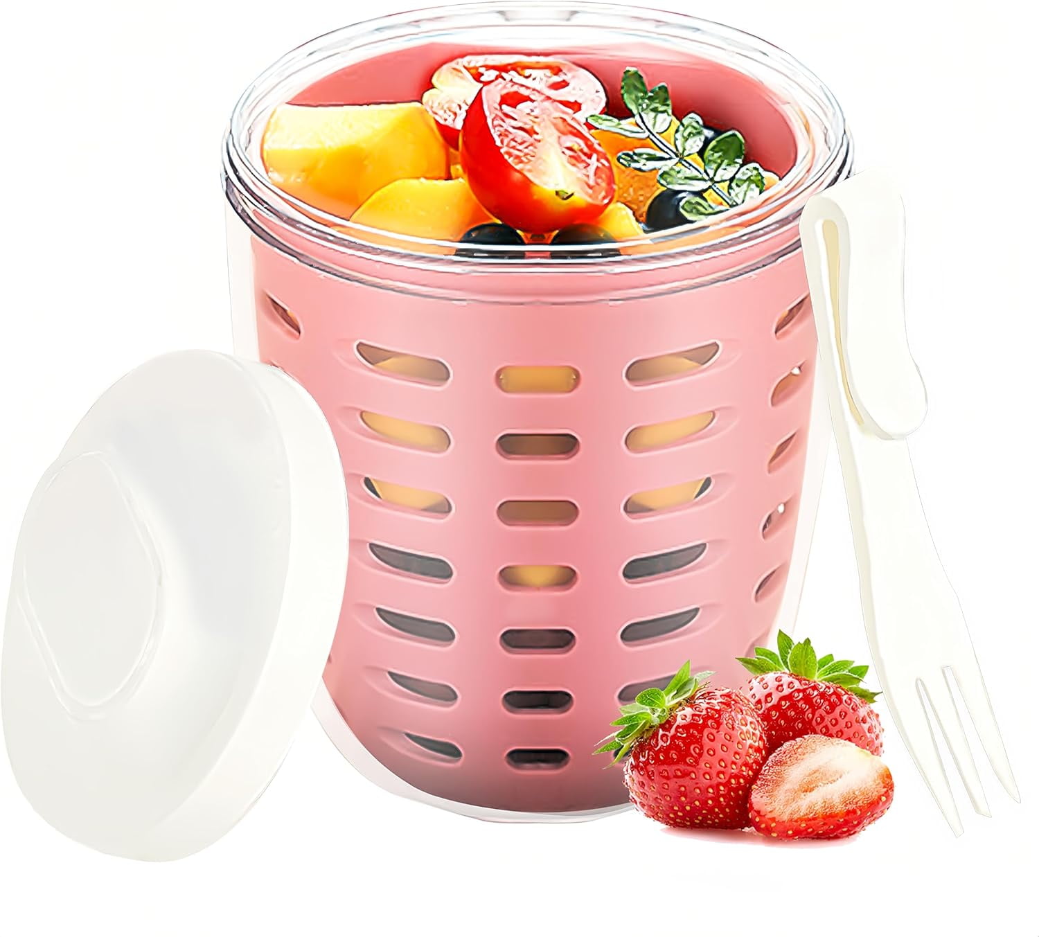 Fruit Salad Storage Cup with Lids and Fork, Reusable Plastic Fruit ...