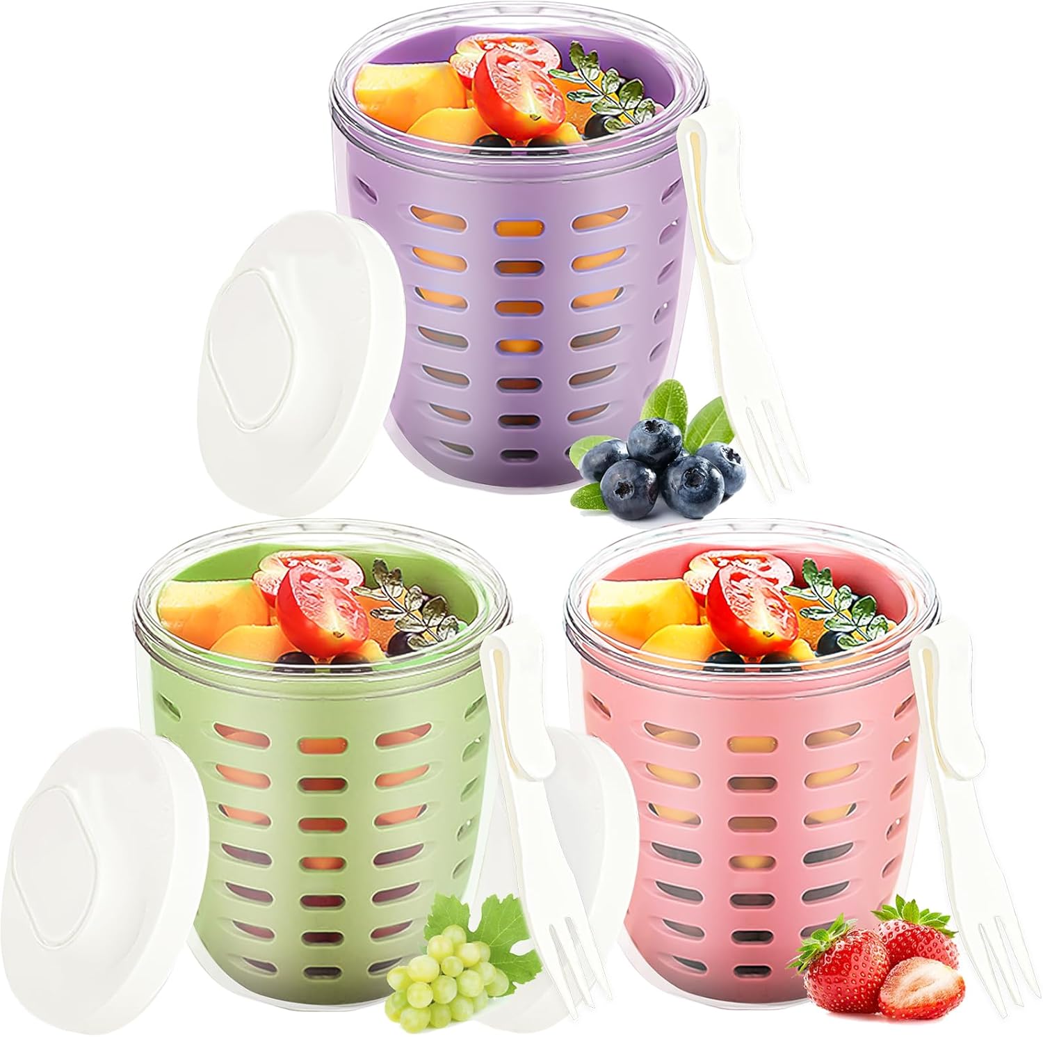 Fruit Salad Storage Cup with Lids and Fork, Reusable Plastic Fruit ...