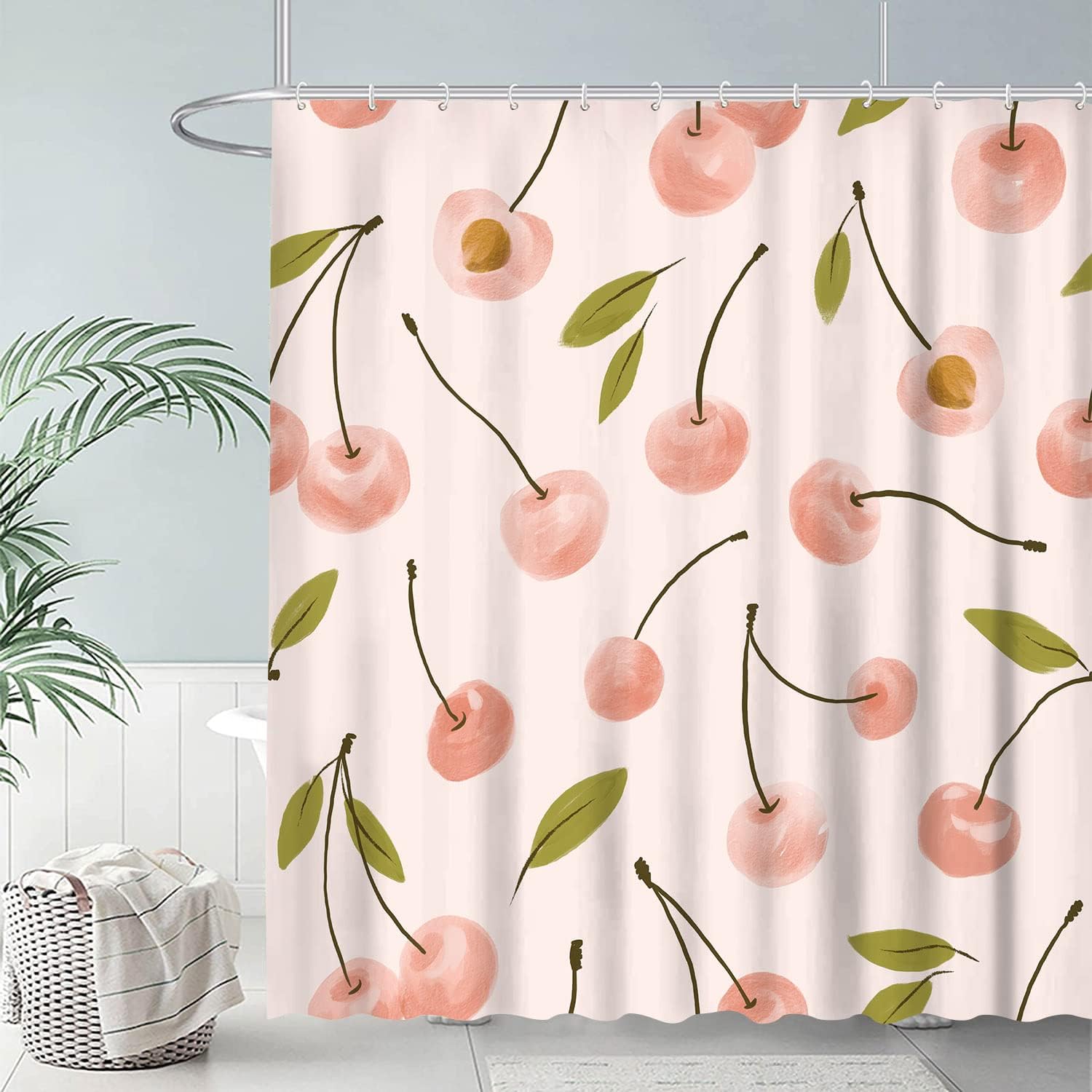 Fruit Shower Curtain Pink Cherry Aesthetic Watercolor Shower Curtains ...