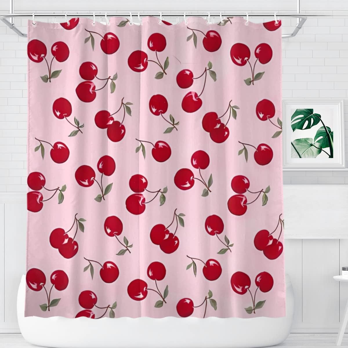 Fruit Shower Curtain Pink Cherry Aesthetic Watercolor Shower Curtain ...