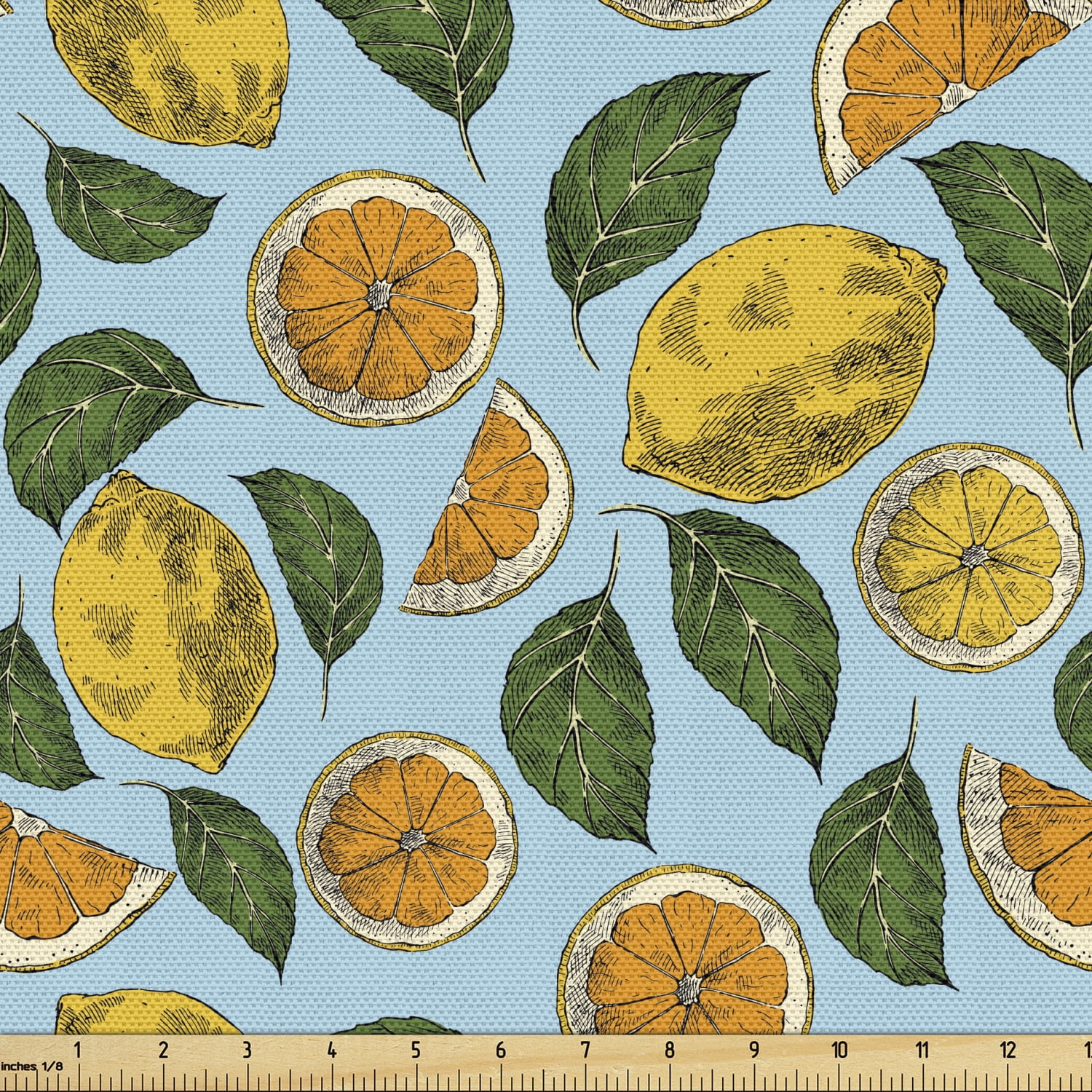Fruit Sofa Upholstery Fabric by the Yard, Hand Drawn Lemons and Leaves ...