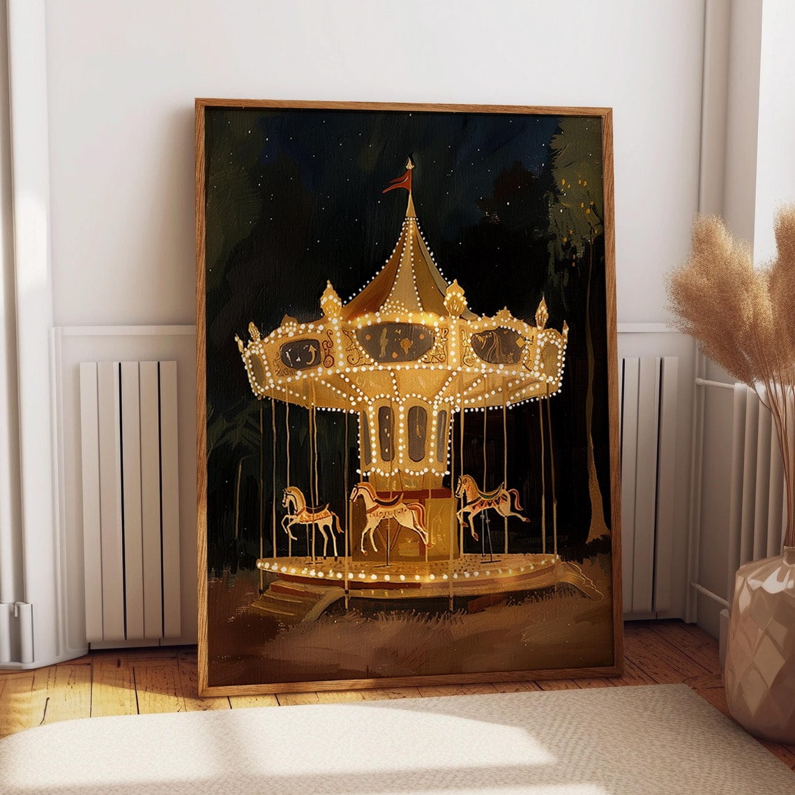 Carousel Print - Illuminated Forest Carousel Wall Art - Festive Carnival Art Poster Nursery Room ...