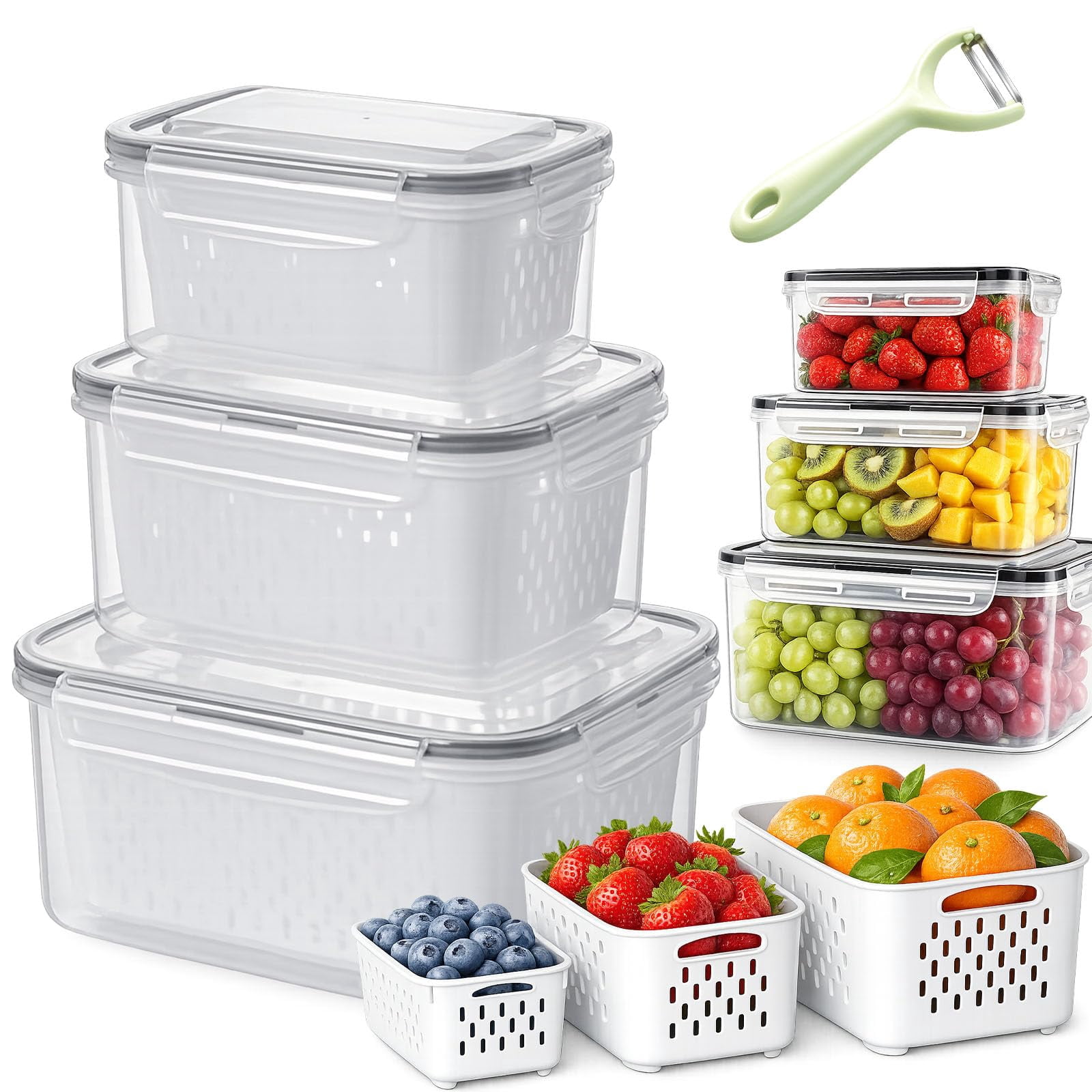 Fruit Storage Containers for Fridge 4-in-1 Leakproof Produce Saver ...