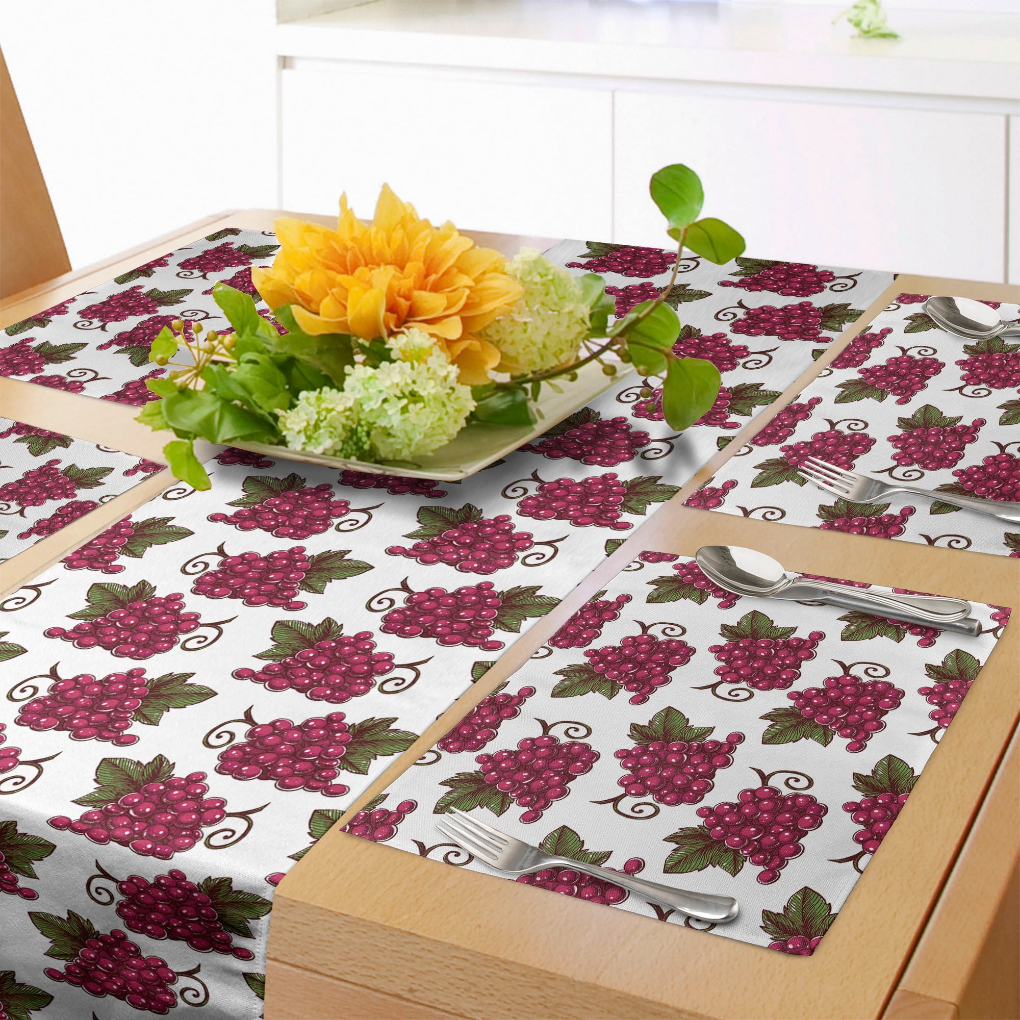 Fruit Table Runner & Placemats, Continuous Red Grapes Hand Drawn ...