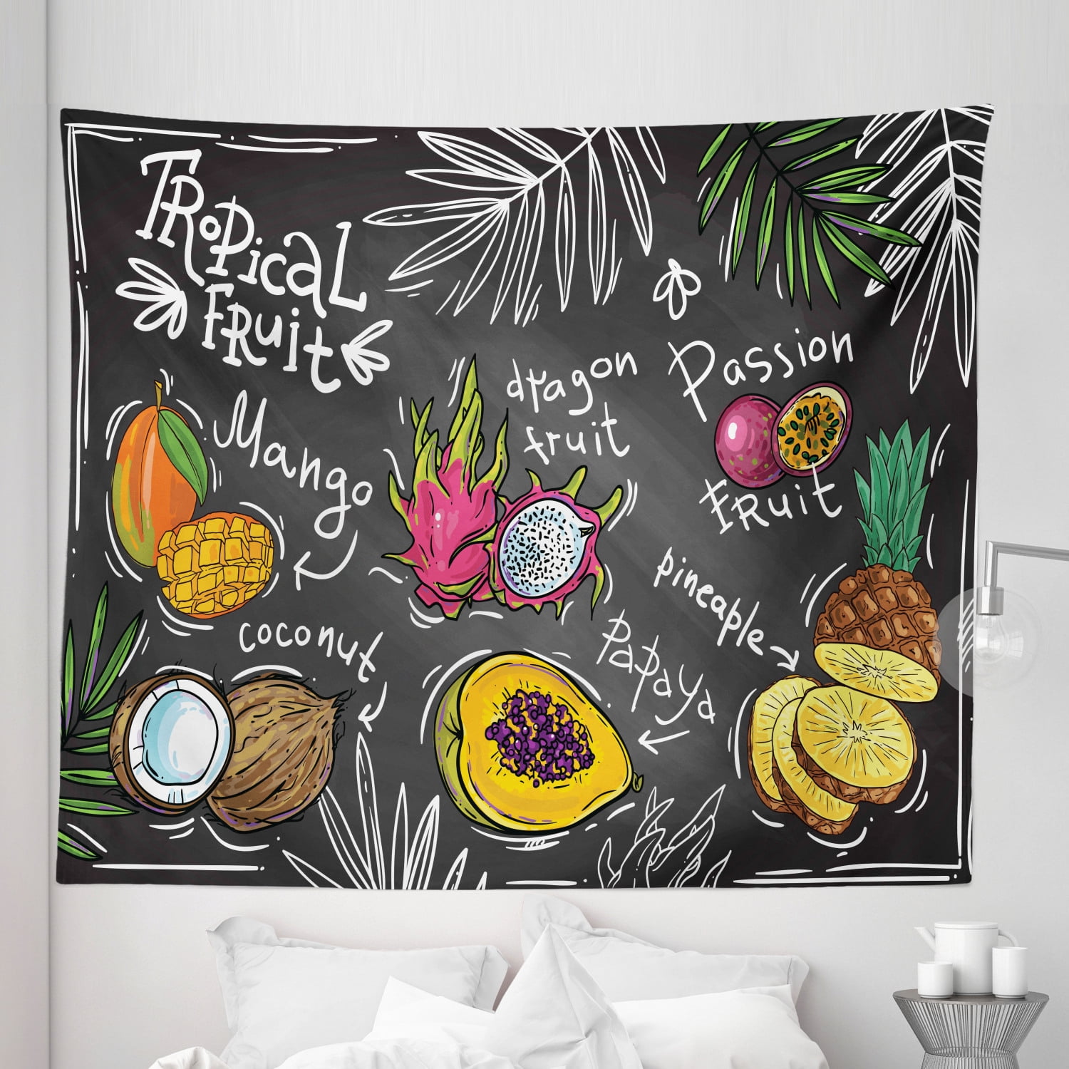 Fruit Tapestry, Hand Drawn Mango Dragon Fruit Papaya Coconut and ...