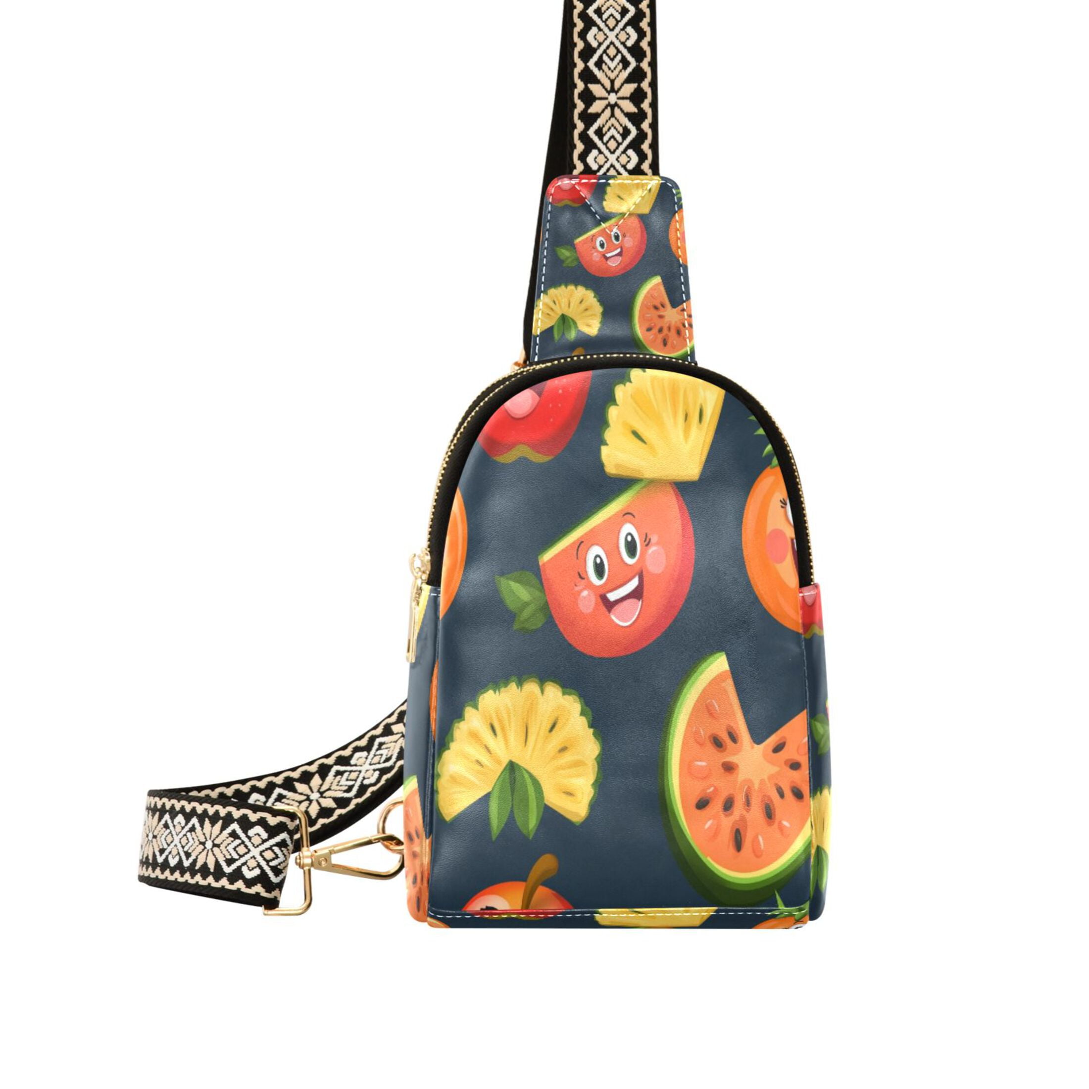 Fruit Themed Pattern Women's PU Leather Crossbody Bag, Dual Zipper ...