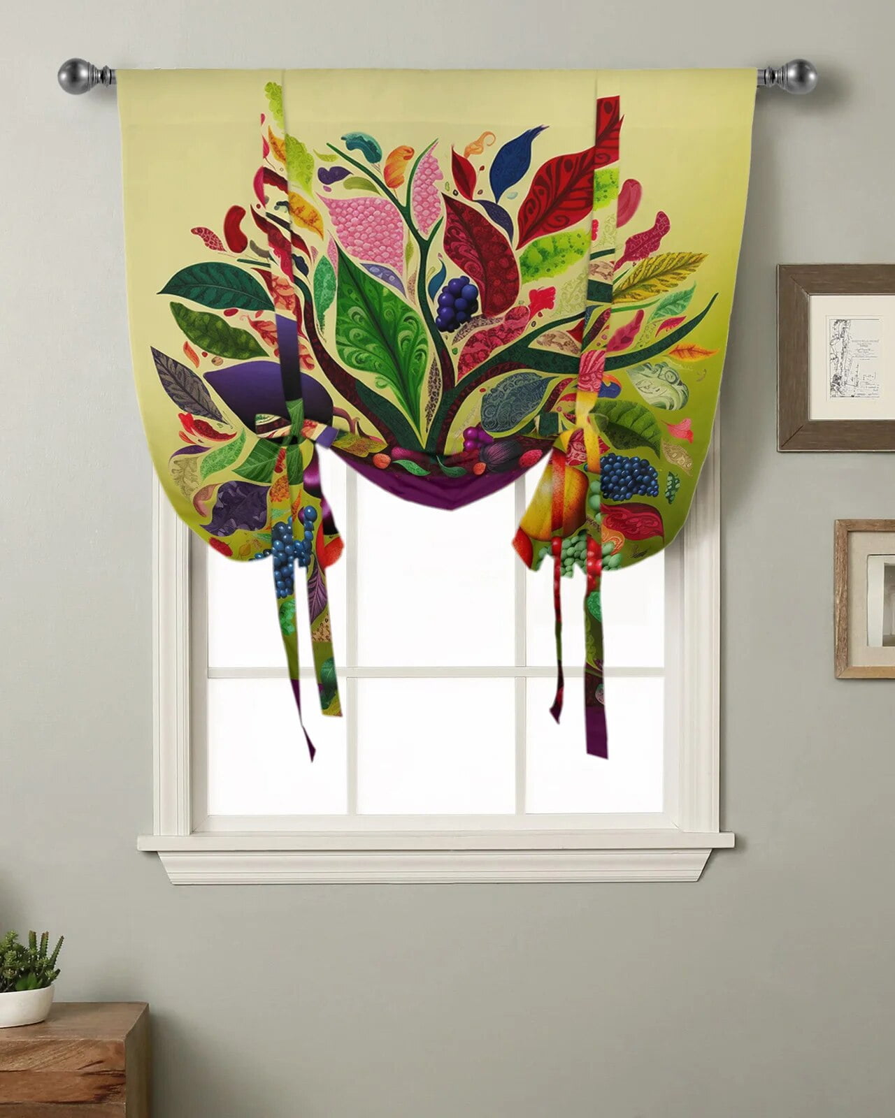 Fruit Tree Grapes Leaves Kitchen Short Window Curtain Rod Pocket ...
