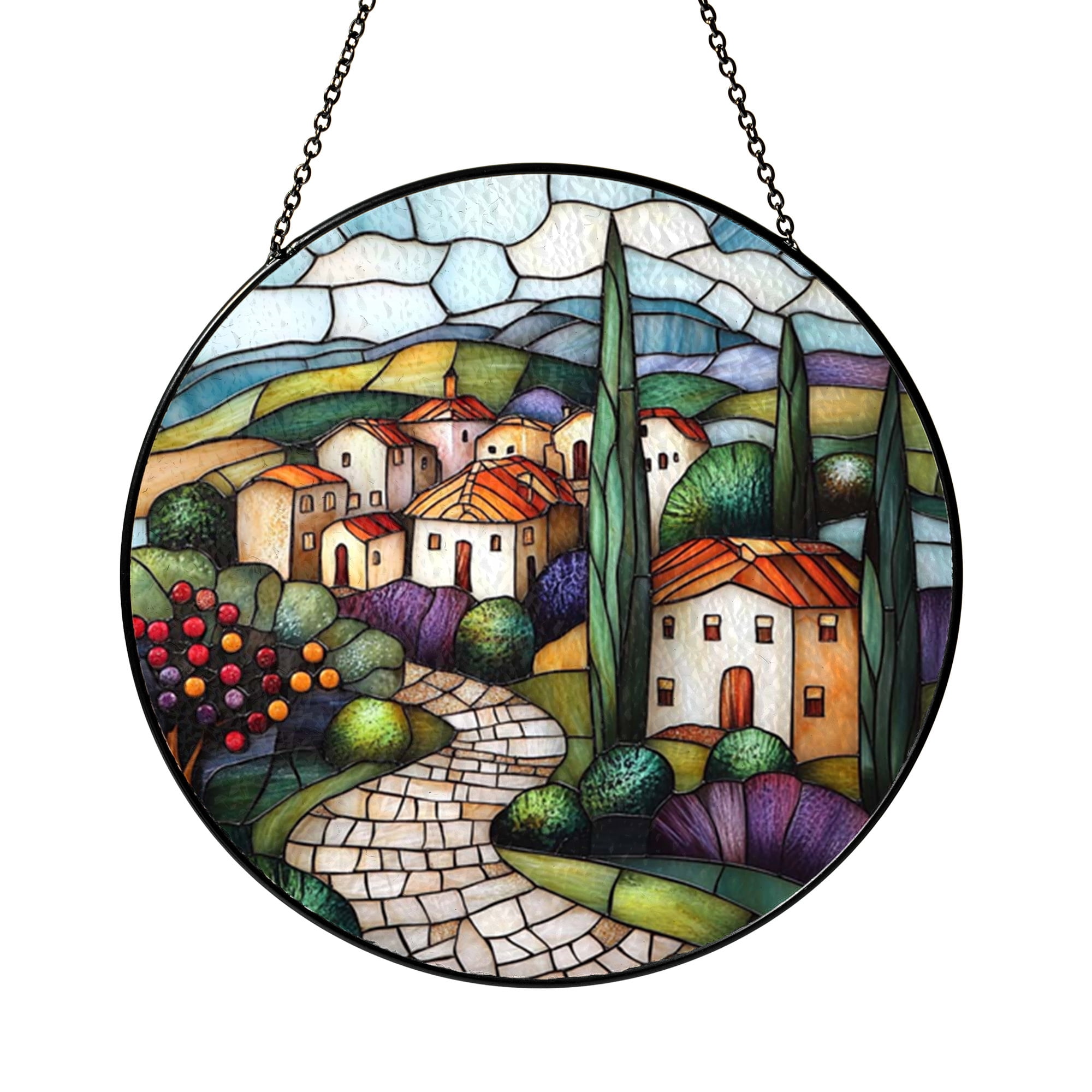 Fruit Tree Village Stained Glass Style Suncatcher – Round Window ...