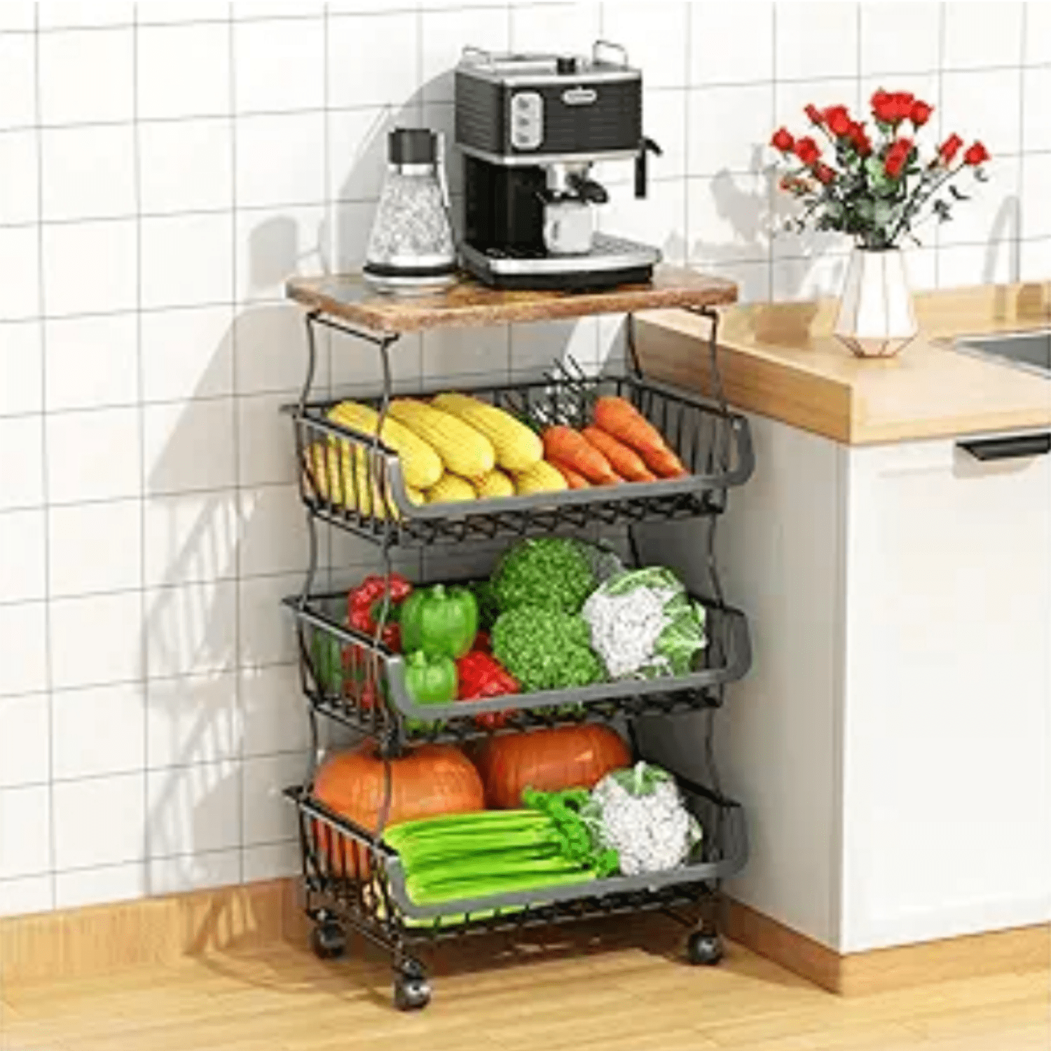 Fruit Vegetable Basket for Kitchen, 4 Tier Stackable Fruit Vegetable ...