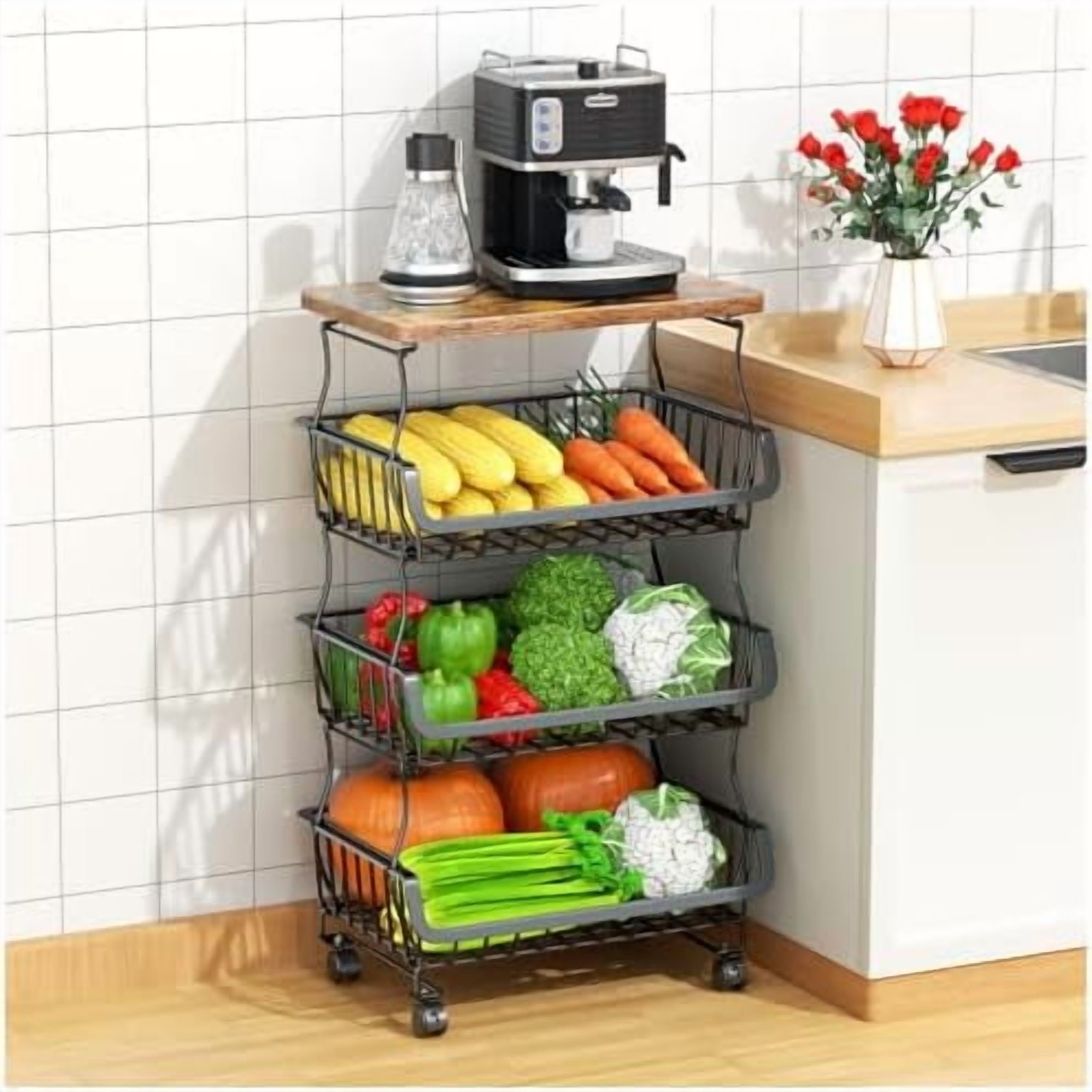 Fruit Vegetable Basket for Kitchen, 4 Tier Stackable Fruit Vegetable ...