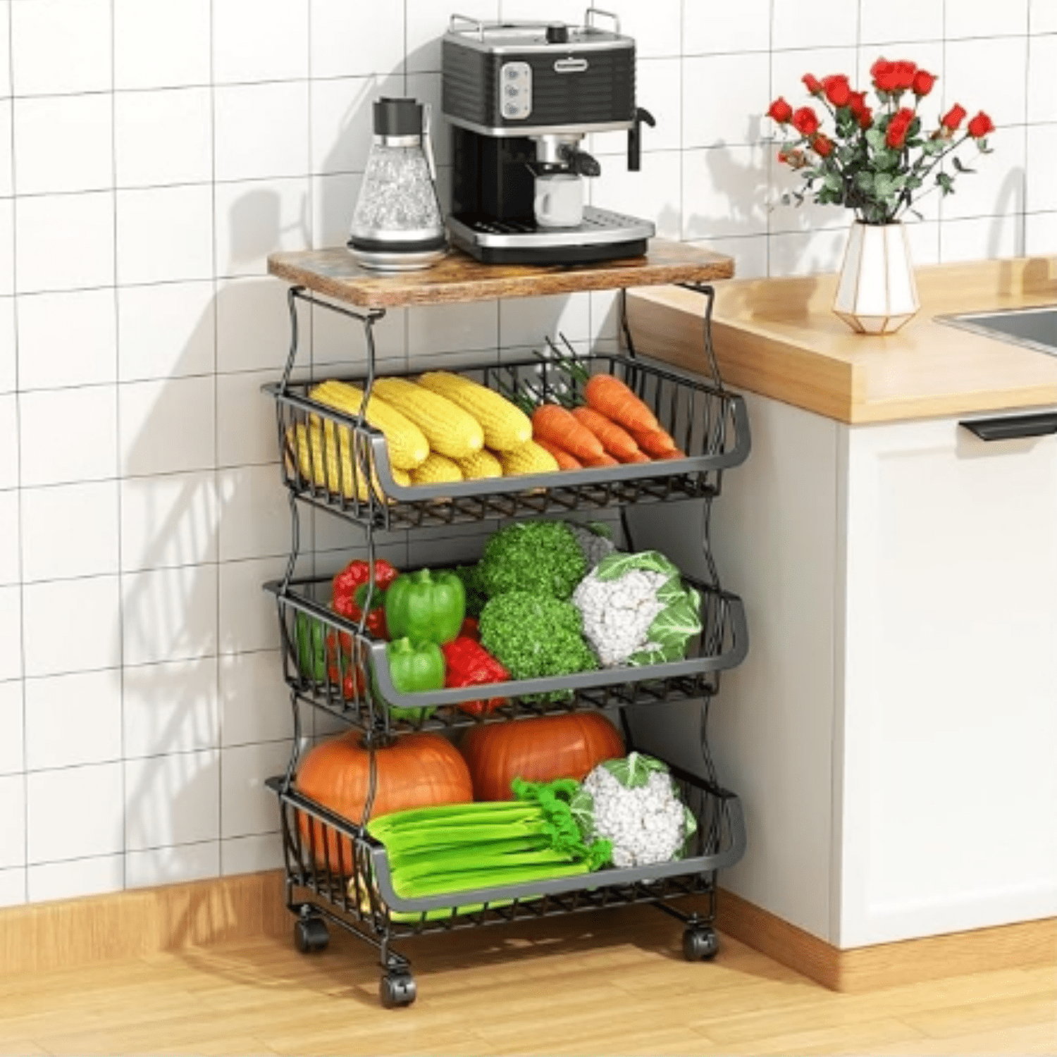 Fruit Vegetable Basket for Kitchen, 4 Tier Stackable Fruit Vegetable ...