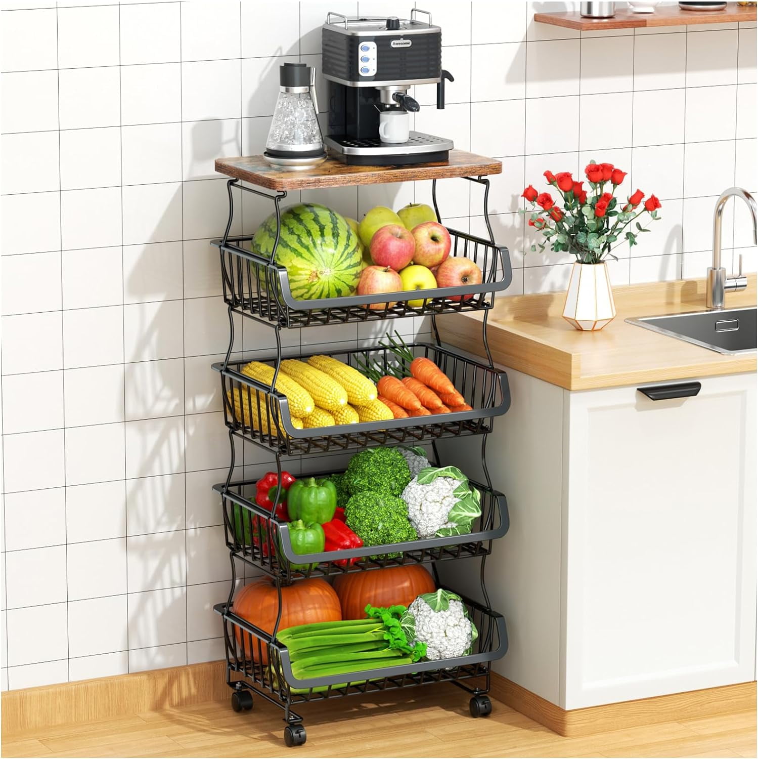 Fruit Vegetable Basket for Kitchen, 5 Tier Stackable Fruit Vegetable ...