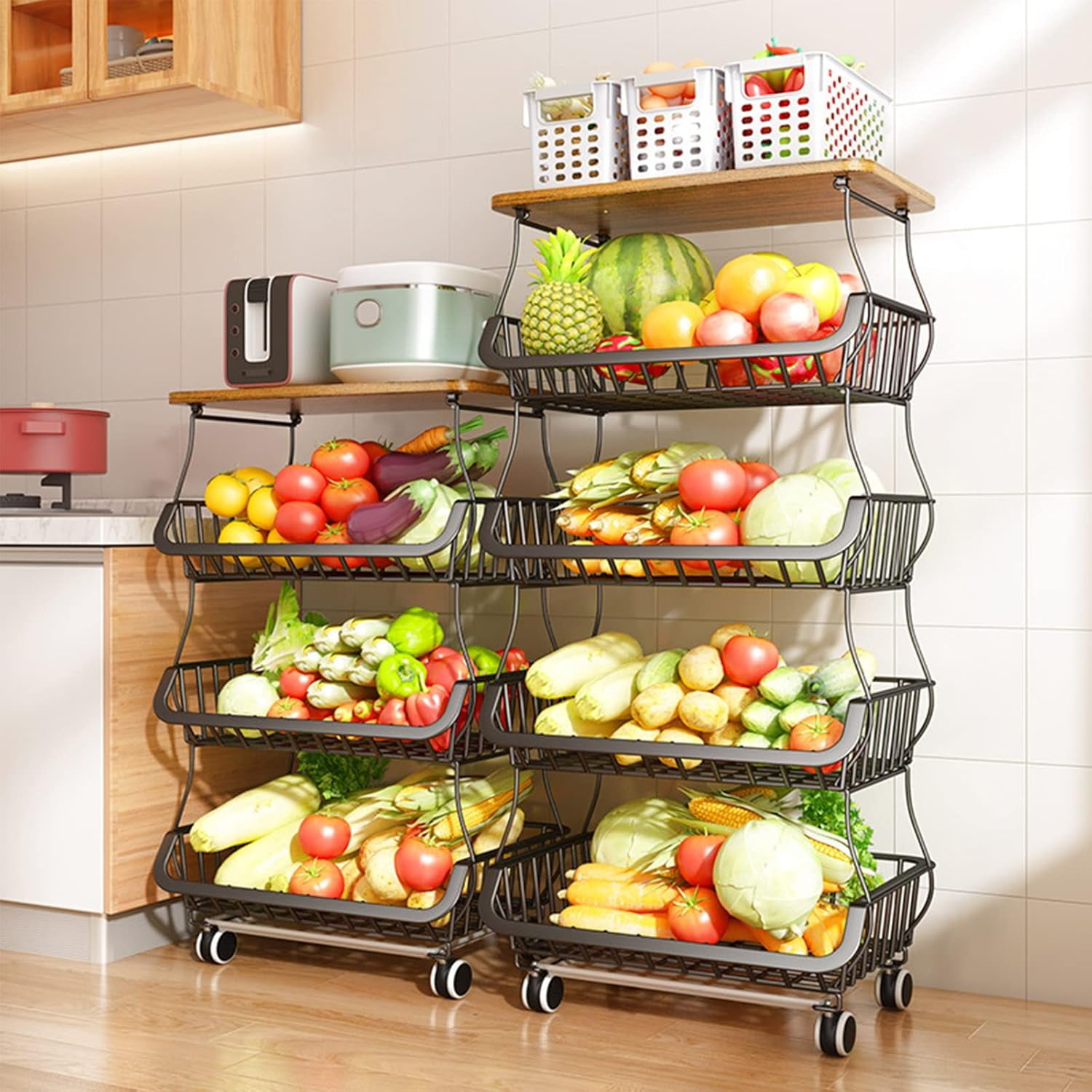 Fruit and Vegetable Basket for Kitchen Wood Top,5 Tier Stackable Metal ...