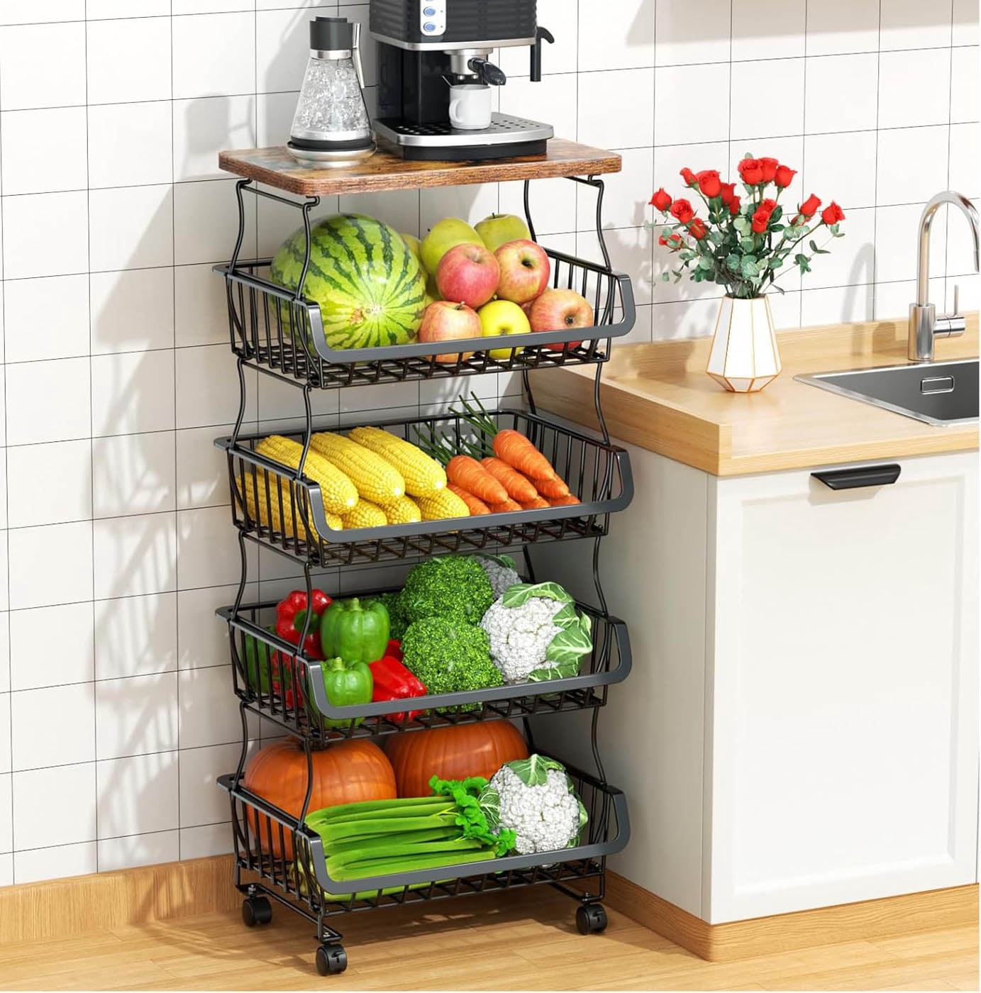 Fruit Vegetable Basket, Stackable Storage Baskets with Wheels, Metal ...