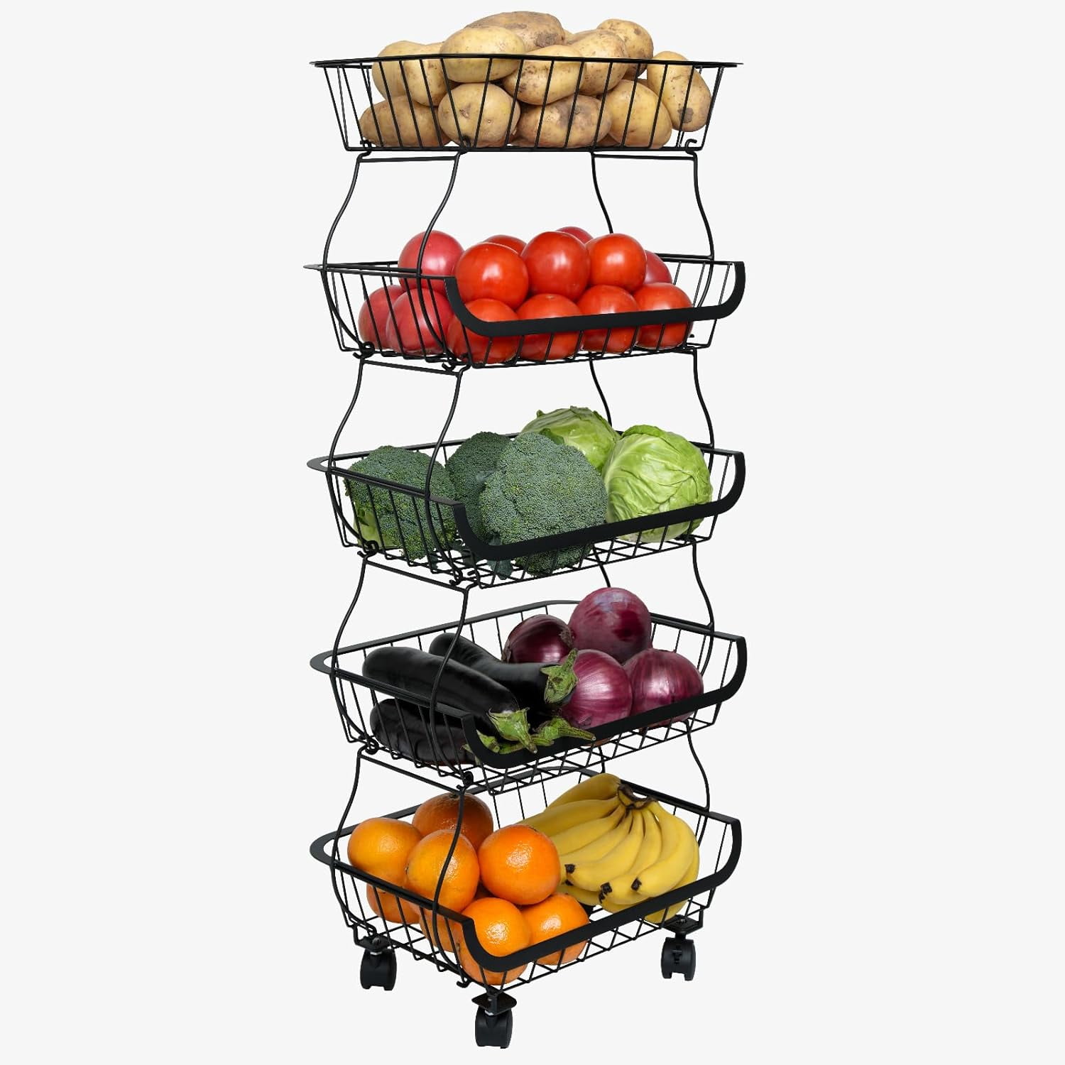 Fruit and Vegetable Basket with Wheels, 5 Tier Stackable Metal Wire ...