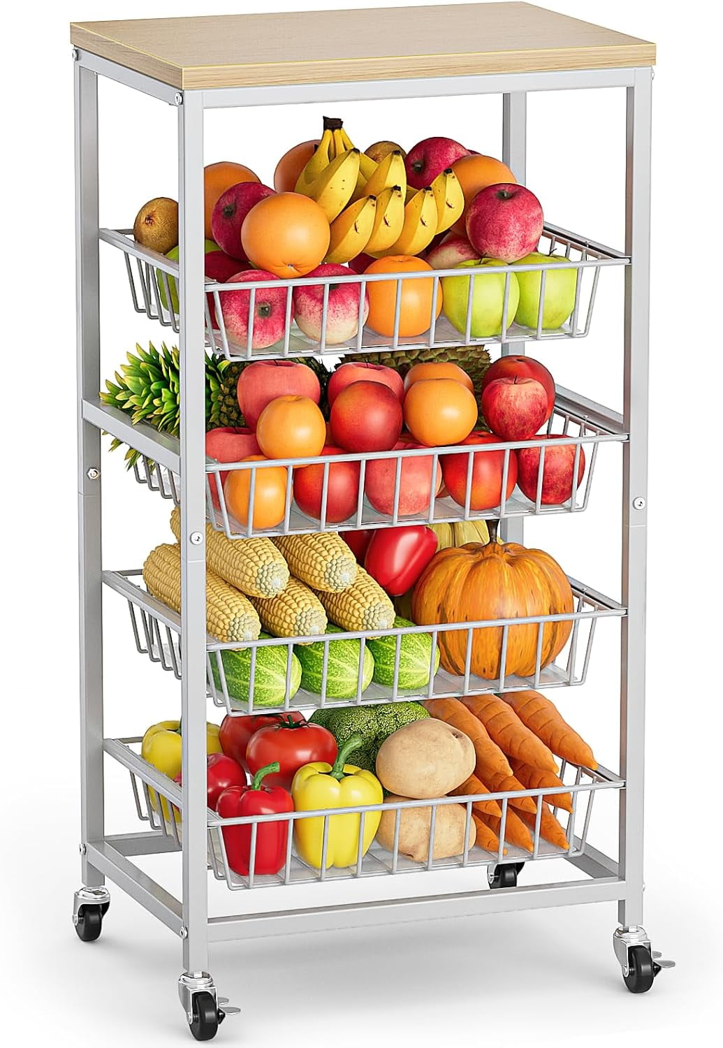 Fruit Vegetable Cart, 4-Tier Snack & Kitchen Cart on Wheels with ...