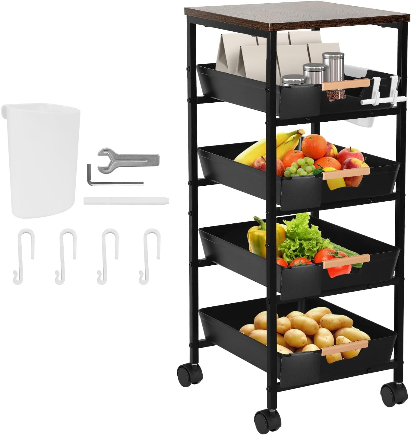 Fruit Vegetable Cart for Kitchen, 5-Tier Storage Cart on Wheels, Metal ...