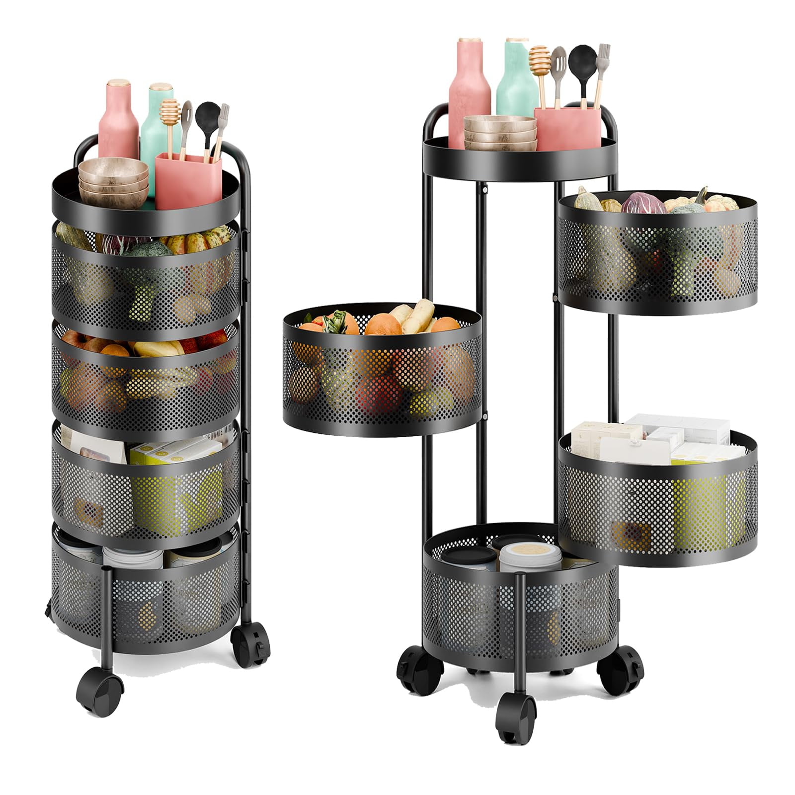 Fruit Vegetable Stand, Kitchen Storage Cart, Circular Rotating Basket ...