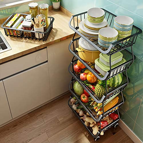 Fruit Vegetable Storage Basket, 5 Tier Stackable Fruit Storage Rolling ...