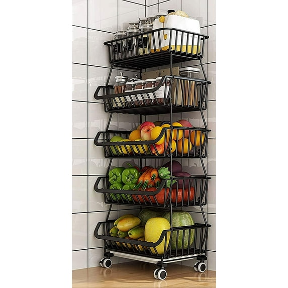Fruit Vegetable Storage Basket, 5 Tier Stackable Fruit Storage Rolling ...