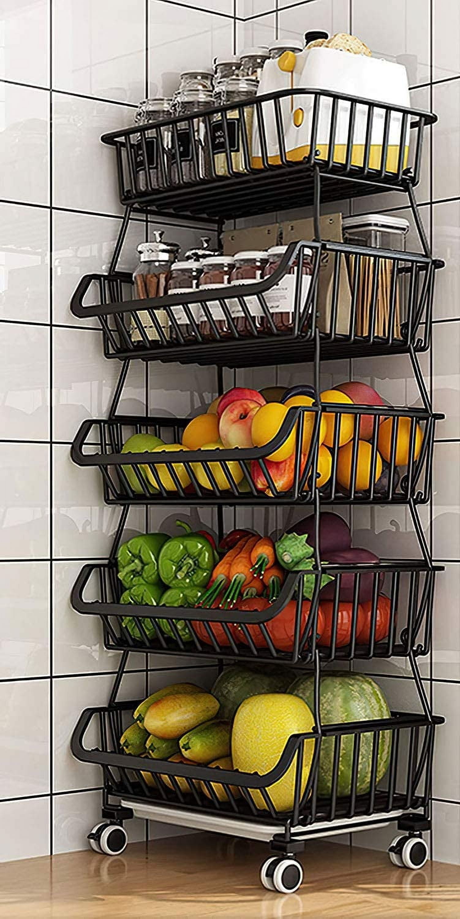 Fruit Vegetable Storage Basket, 5 Tier Stackable Fruit Storage Rolling ...