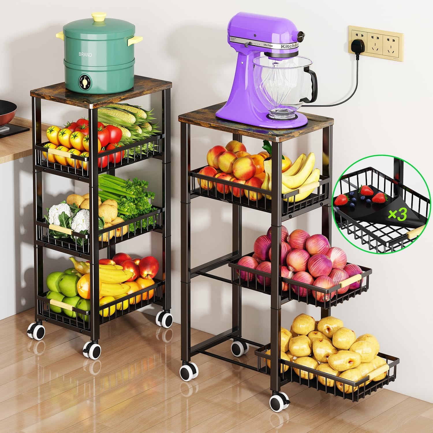 Fruit Vegetable Storage Basket for Kitchen, 4 Tier Large Pull-Out Metal ...
