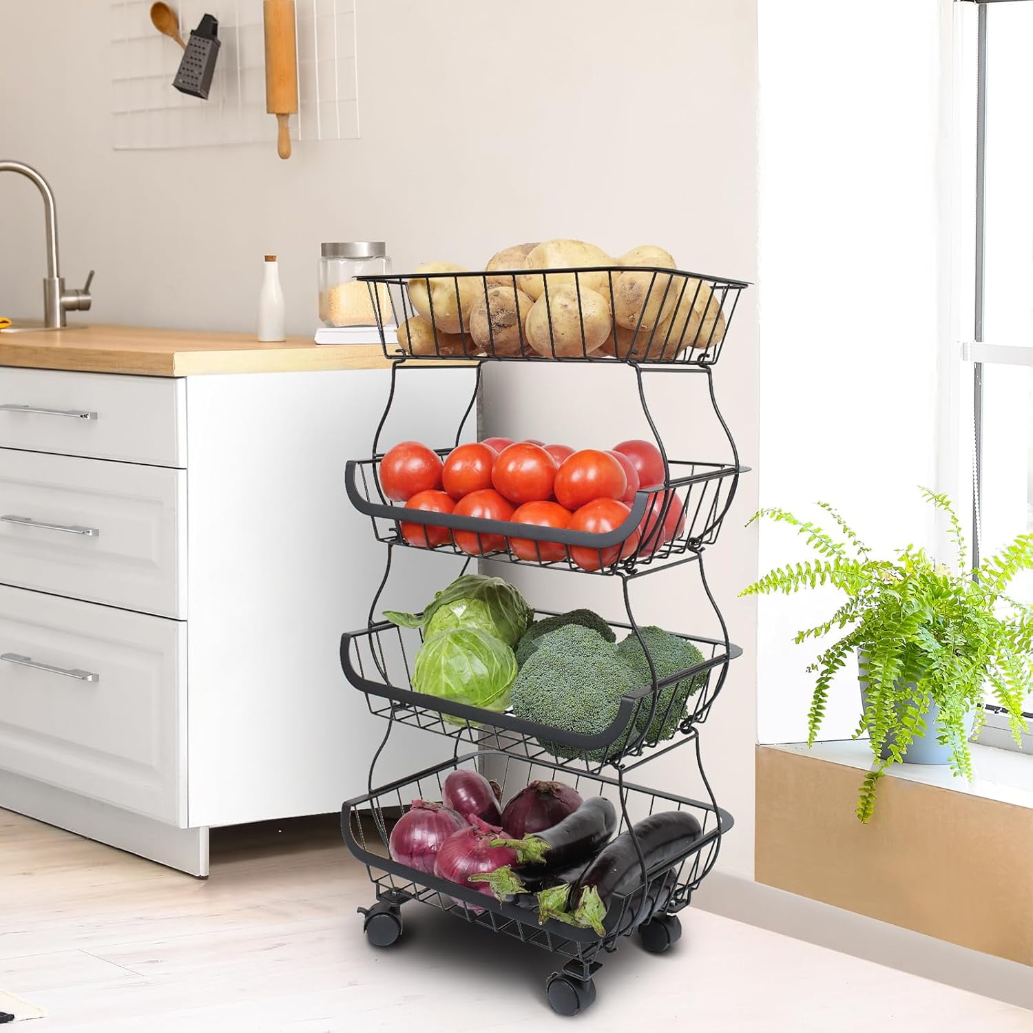 Fruit Vegetable Storage Basket, Kitchen Fruit Vegetable Storage Cart, 4 ...