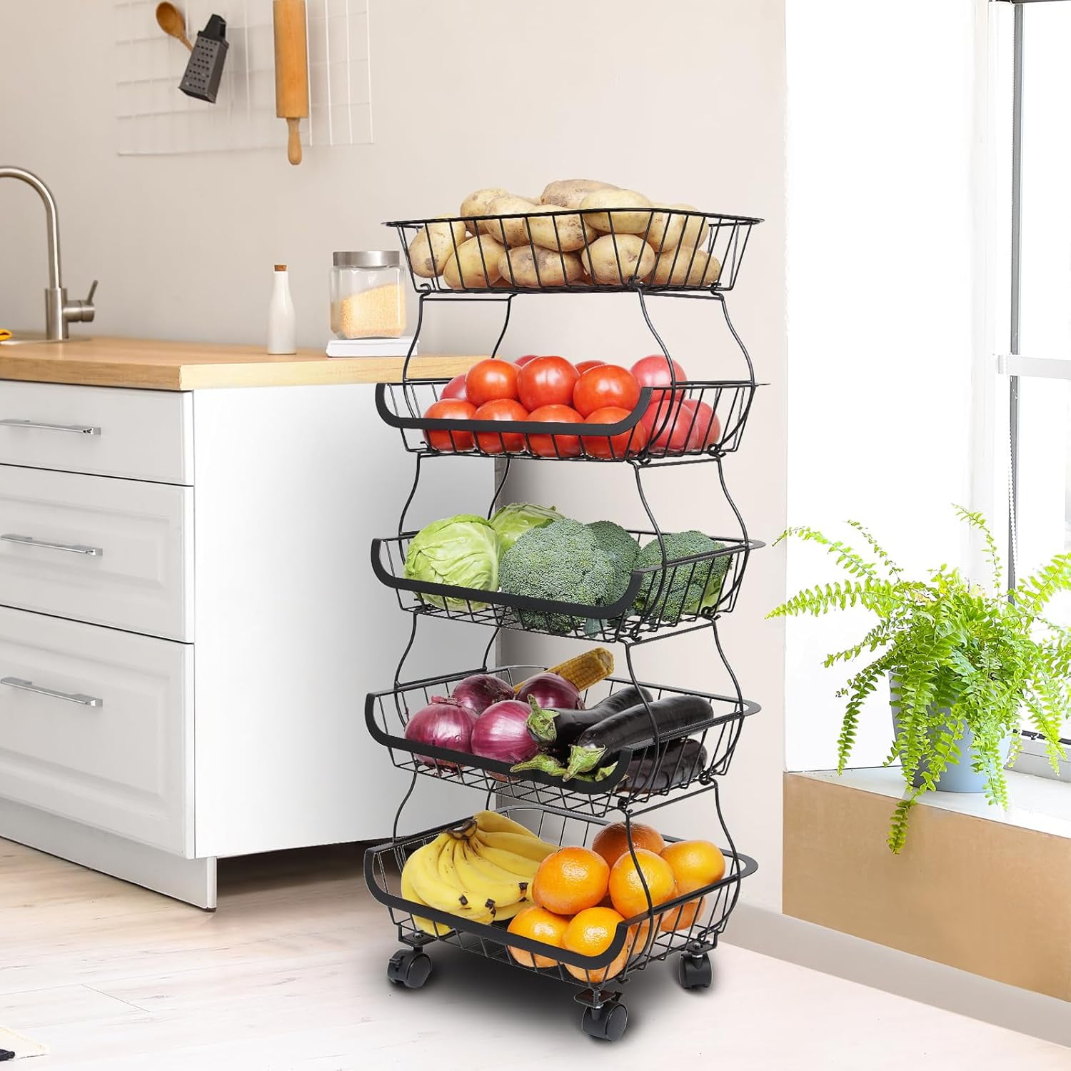 Fruit Vegetable Storage Basket, Kitchen Fruit Vegetable Storage Cart, 5 ...