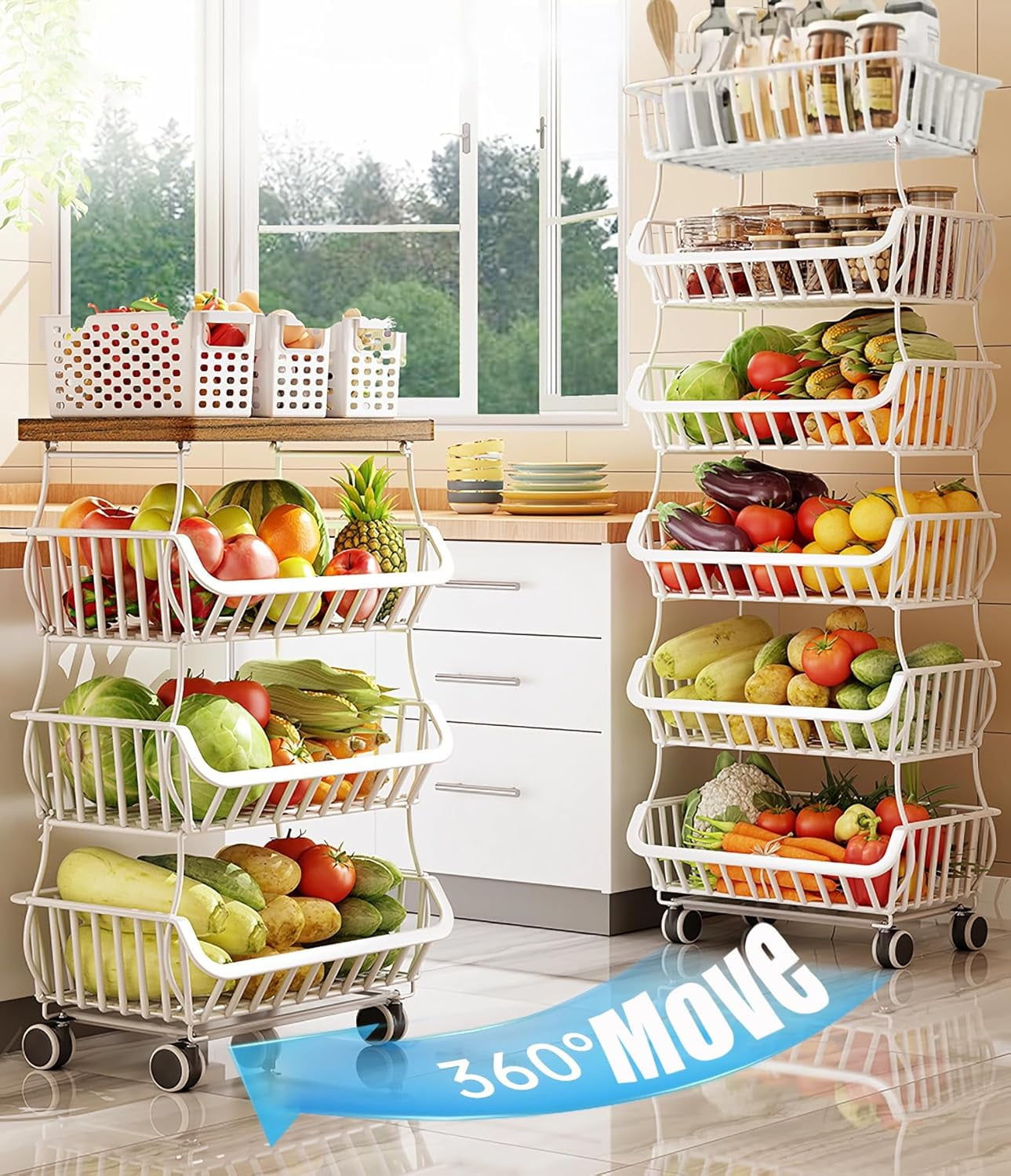 Fruit Vegetable Storage Basket with Wheels, 6 Tier Stackable Wire ...