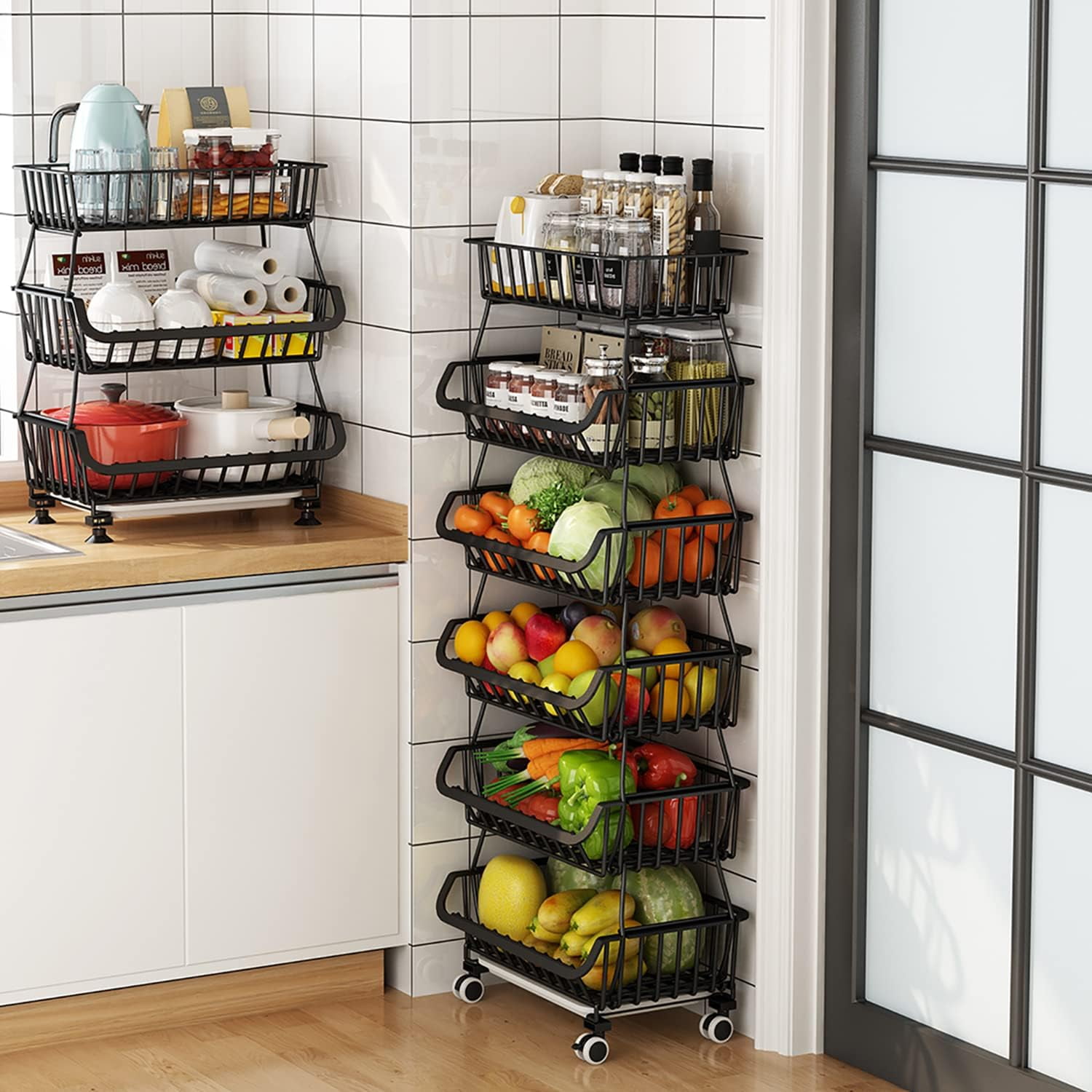 Fruit Vegetable Storage Basket with Wheels Kitchen Rack 6-Tier ...