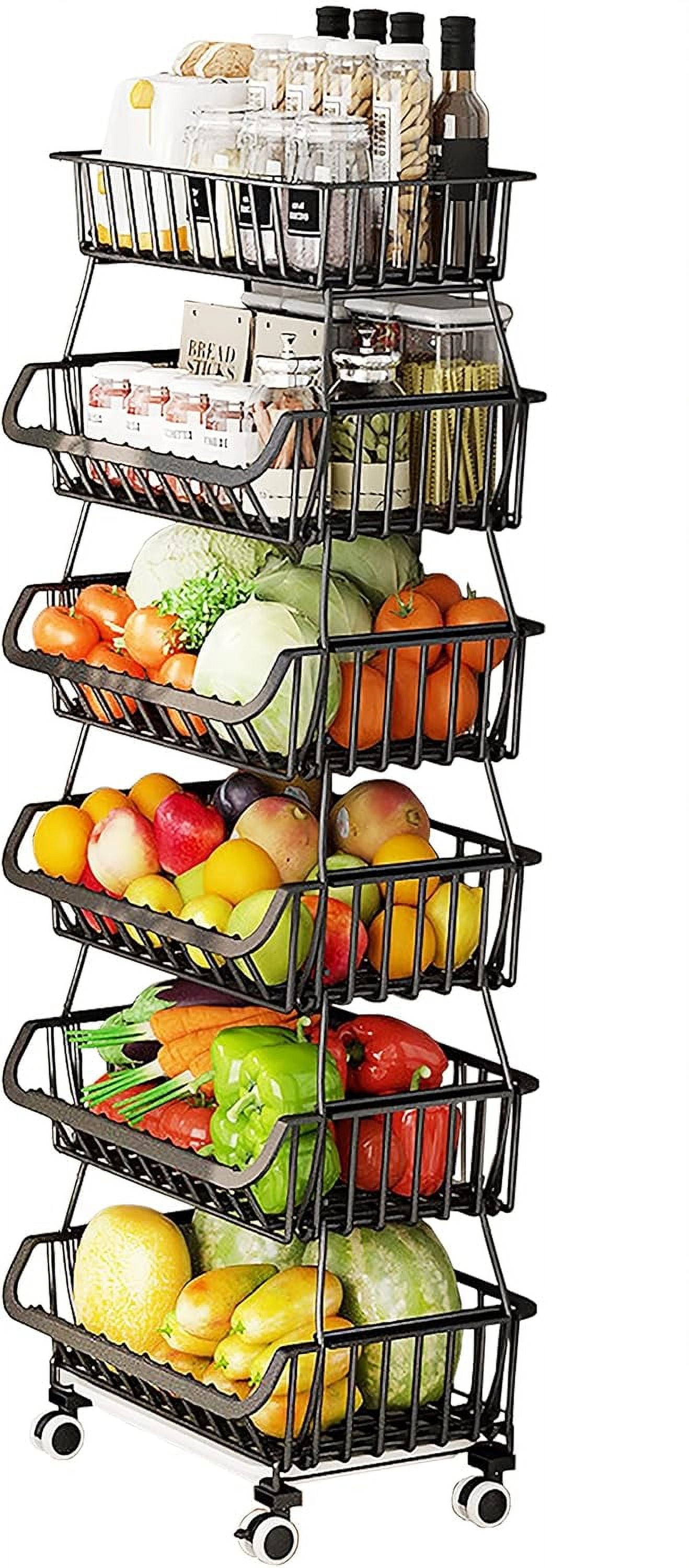 Fruit Vegetable Storage Basket with Wooden Lid, Stackable Kitchen Cart ...