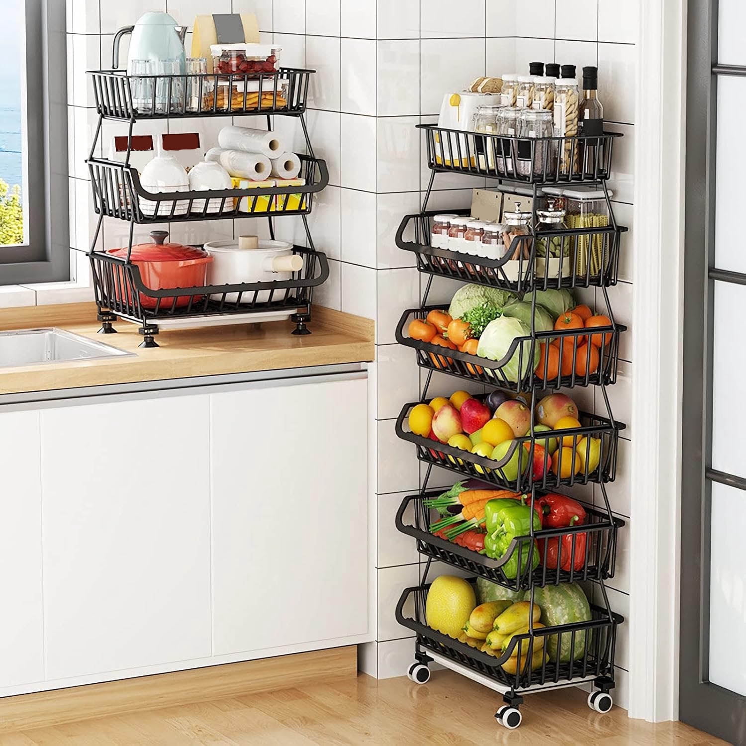 Fruit Vegetable Storage Baskets with Wheels, Stackable Wire Storage ...