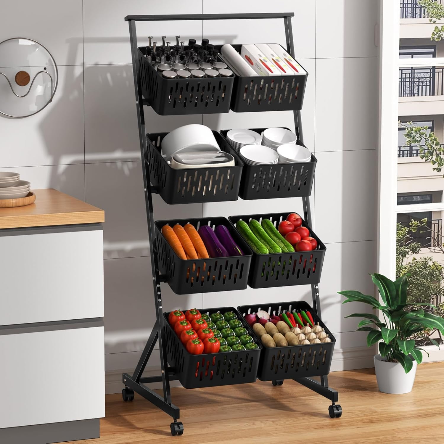 Fruit Vegetable Storage Metal Kitchen Storage Baskets on Wheels Floor ...